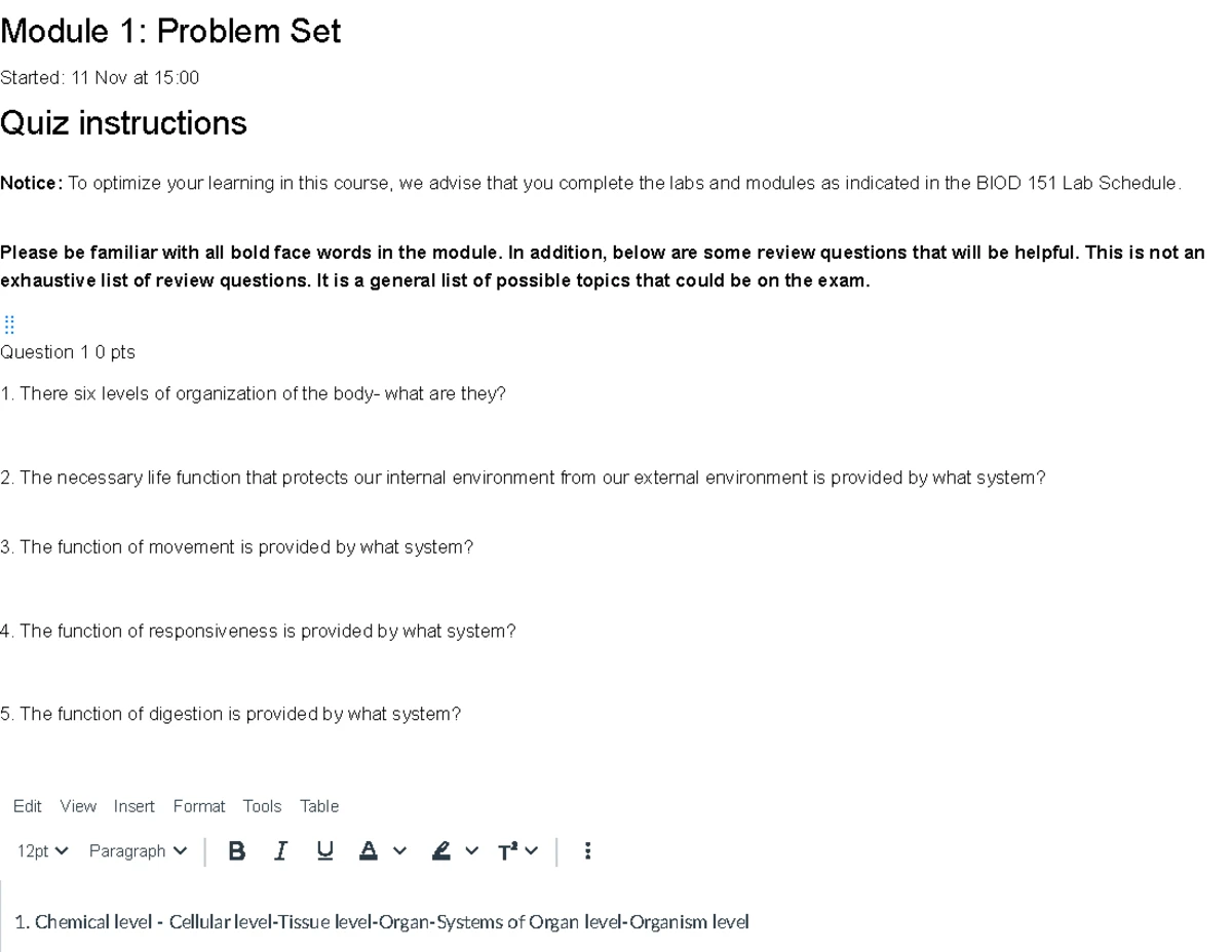 BIOD 151 Quiz Module 1 Review Questions and Problem Set - Studocu