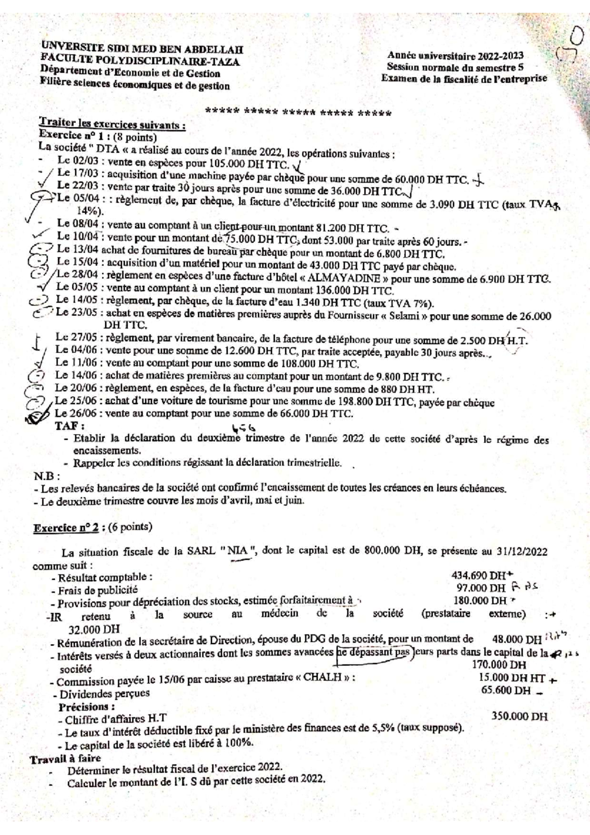 Examen de Fiscalité 2022-2023 - Session Normale - Université Sidi Med ...