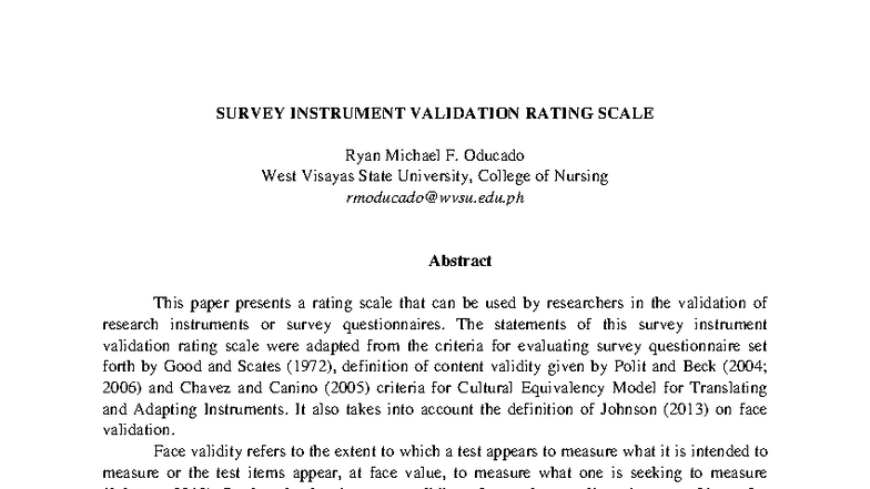 SURVEY INSTRUMENT VALIDATION RATING SCALE - Ryan Oducado - Studocu