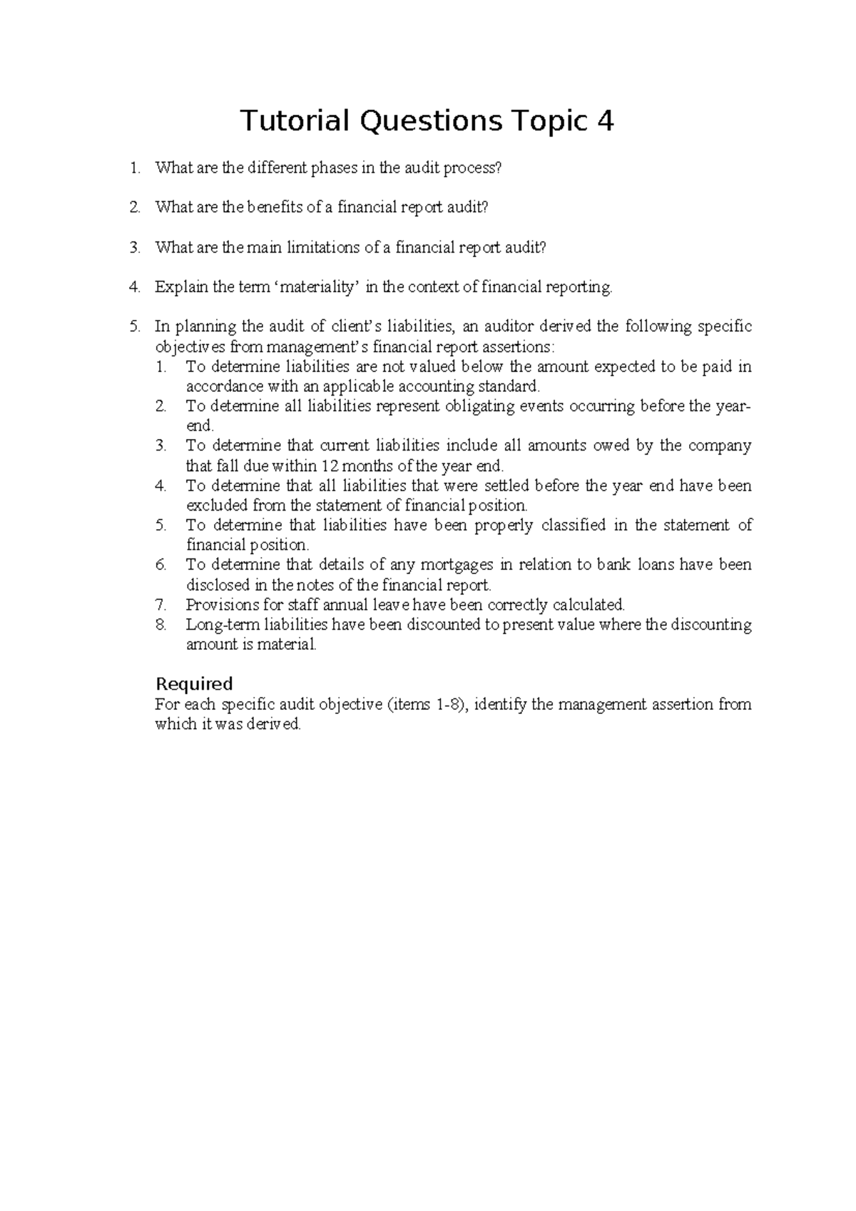 Audit Process & Financial Reporting: Tutorial Questions Topic 4 - Studocu