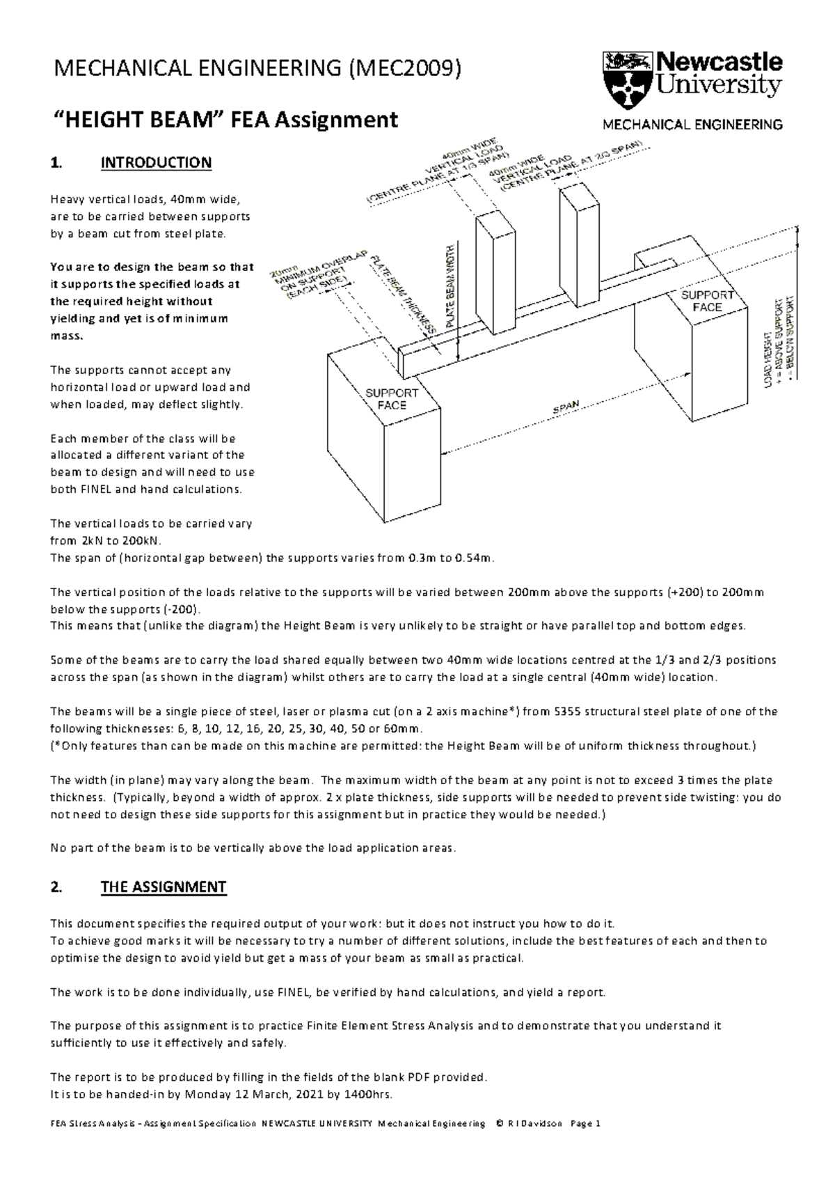 FEA Stress Analysis - Assignment Specification - MECHANICAL ENGINEERING (MEC2009) “HEIGHT BEAM ...