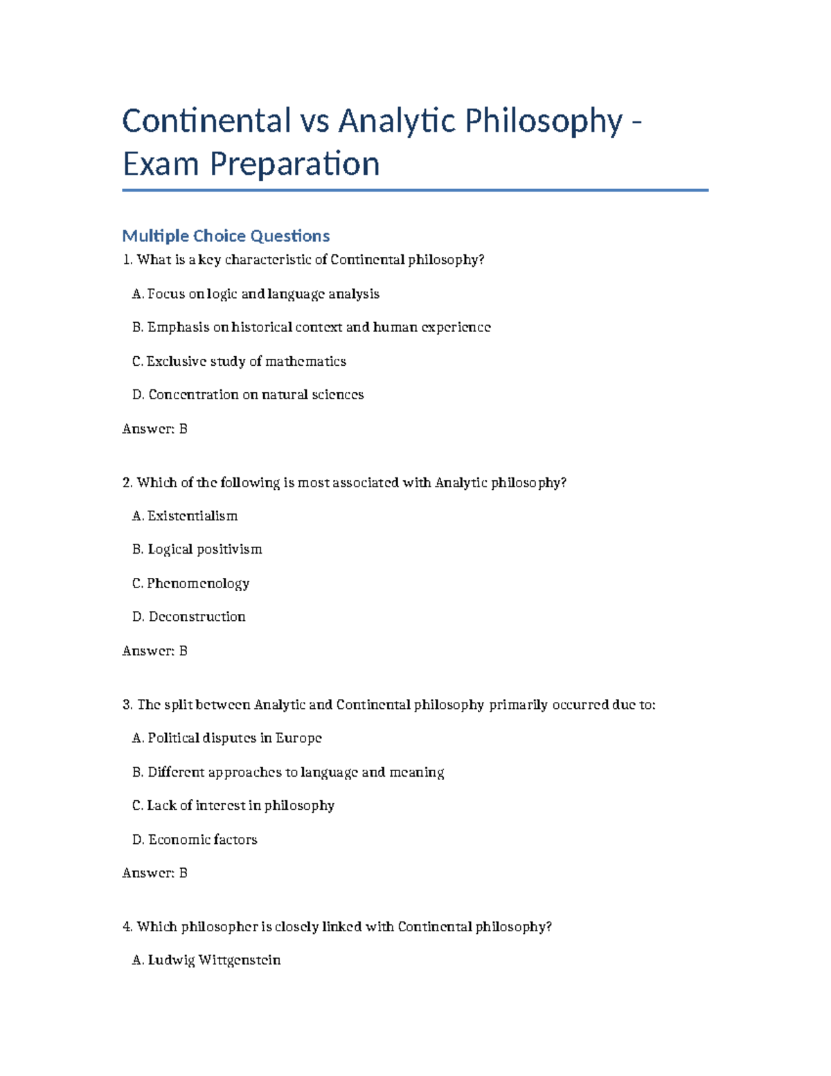 Continental vs Analytic Philosophy Exam Prep MCQs - Studocu