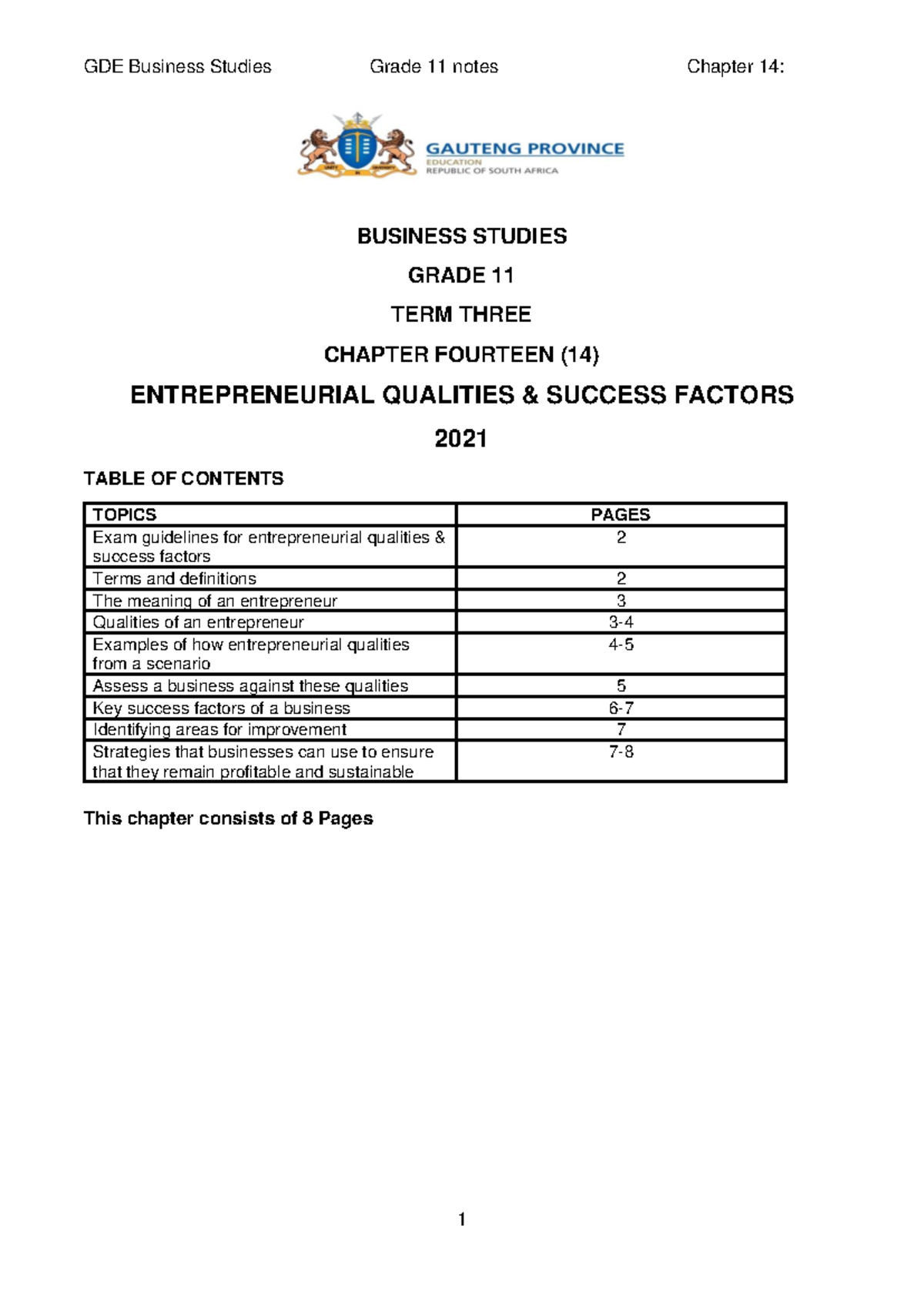 2021 Business Studies Grade 11 Notes TERM 3 Entrepreneurial Qualities ...