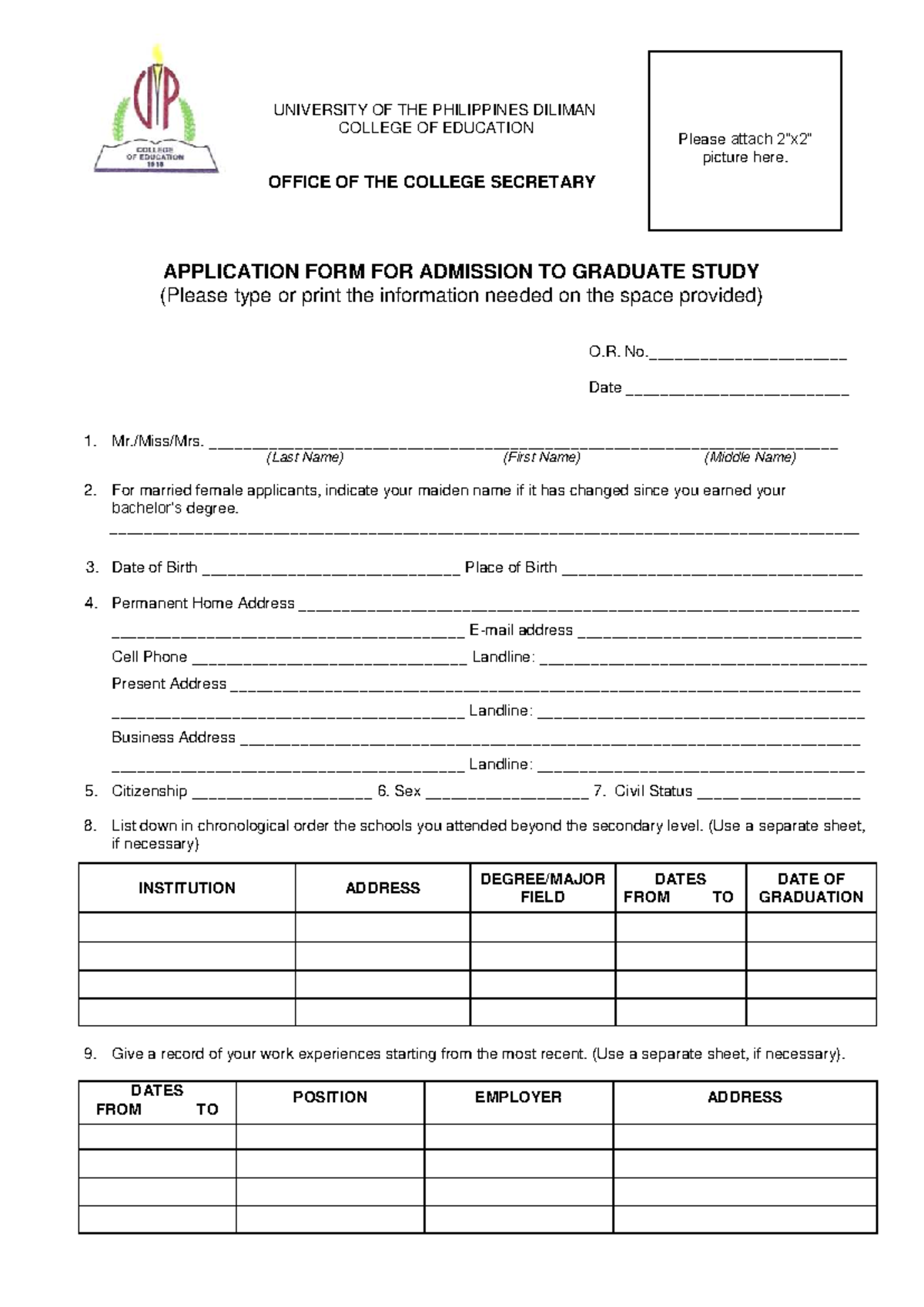 UP Diliman College of Education Application Form for Grad Study I Sem ...
