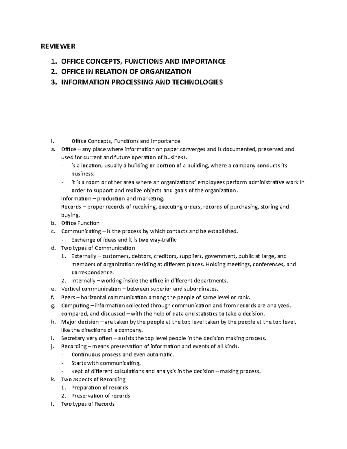 Office Management Reviewer: Key Concepts and Functions Overview - Studocu