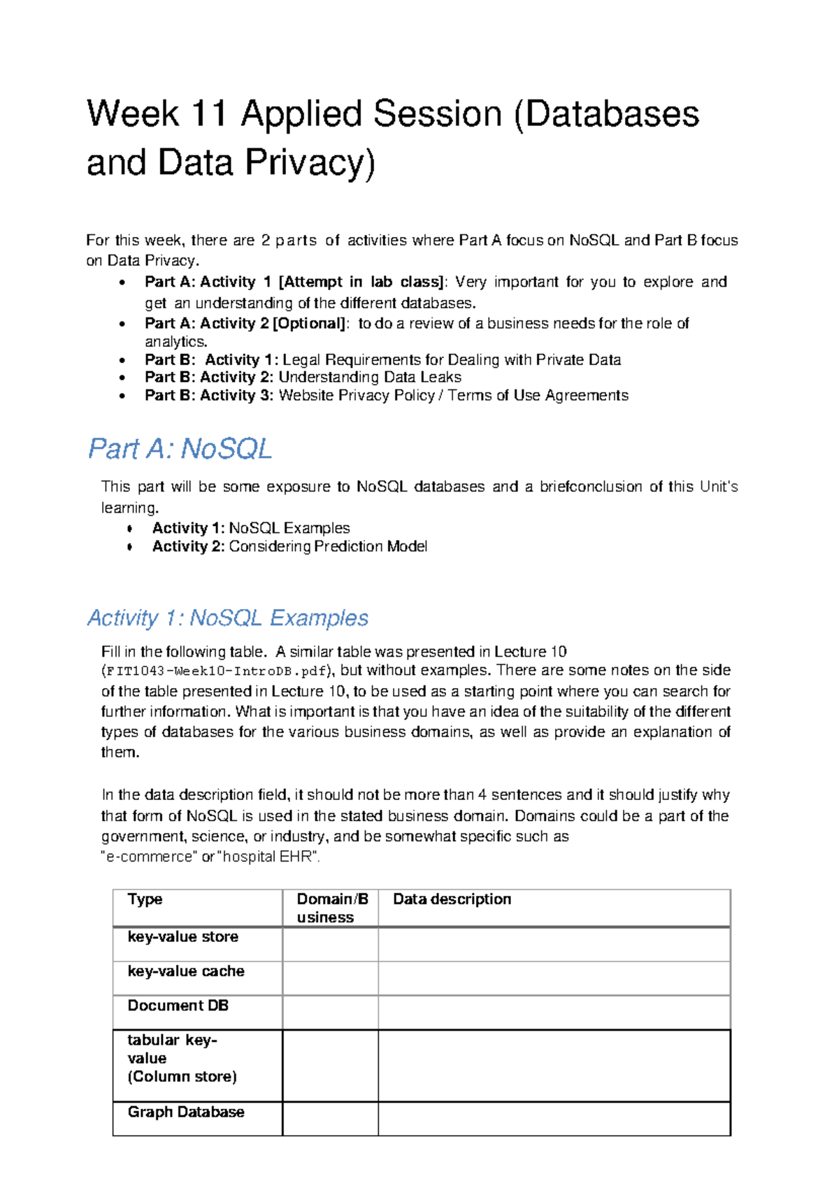 FIT1043: Week 11 Applied Session on NoSQL & Data Privacy Activities ...