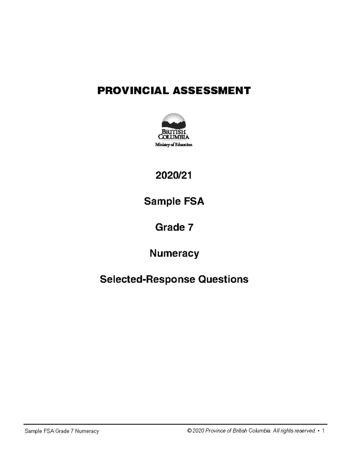 Gr7 FSA Sample Numeracy Questions 2020 - BC Assessment - Studocu
