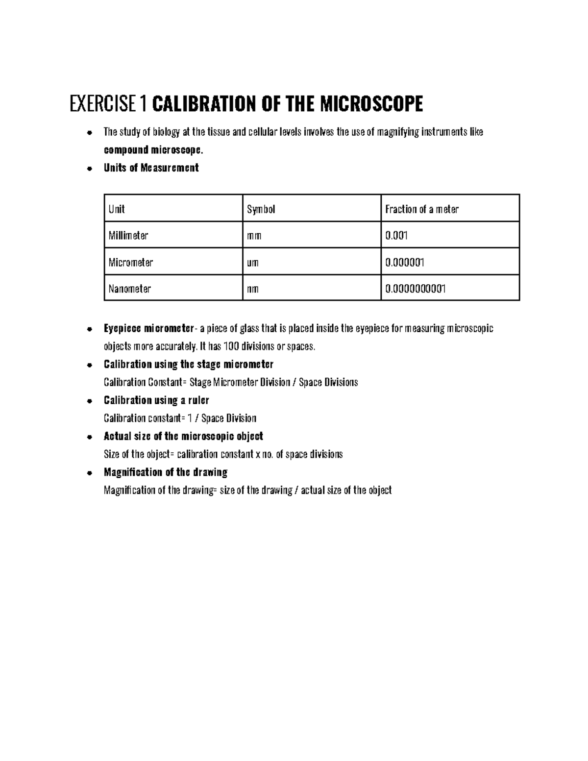 Exercise 1 Calibration OF THE Microscope - EXERCISE 1 CALIBRATION OF ...