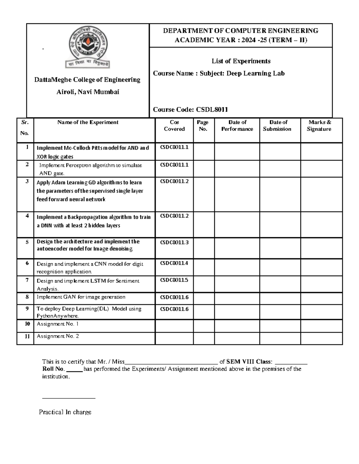 Deep Learning Lab Manual (CSDL8011) - Experiments & Grading Rubrics ...