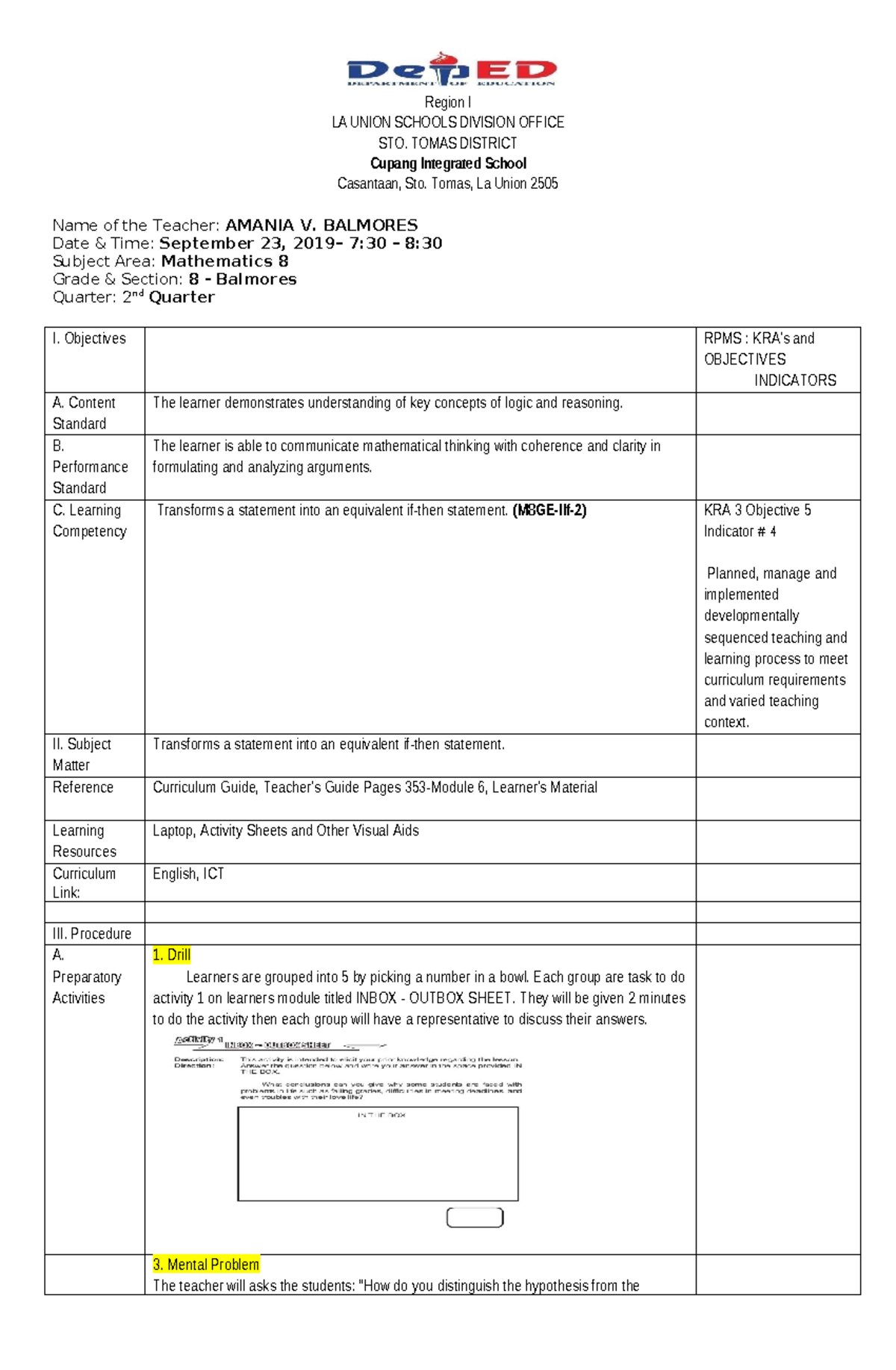 497883103 COT Semi Detailed Lesson Plan math 2nd quarter - Region I LA ...