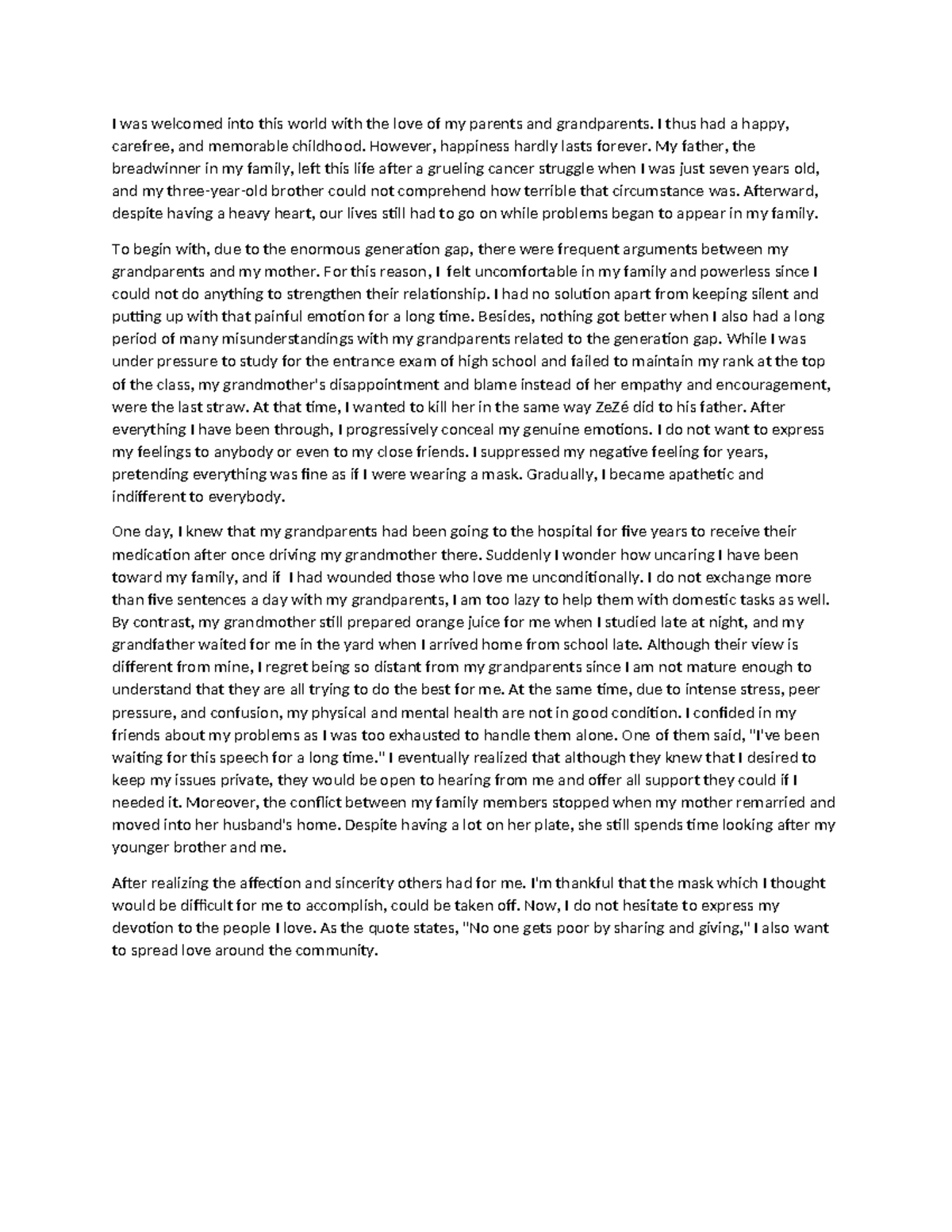 PE - Personal Reflection on Family Dynamics and Emotional Growth - Studocu