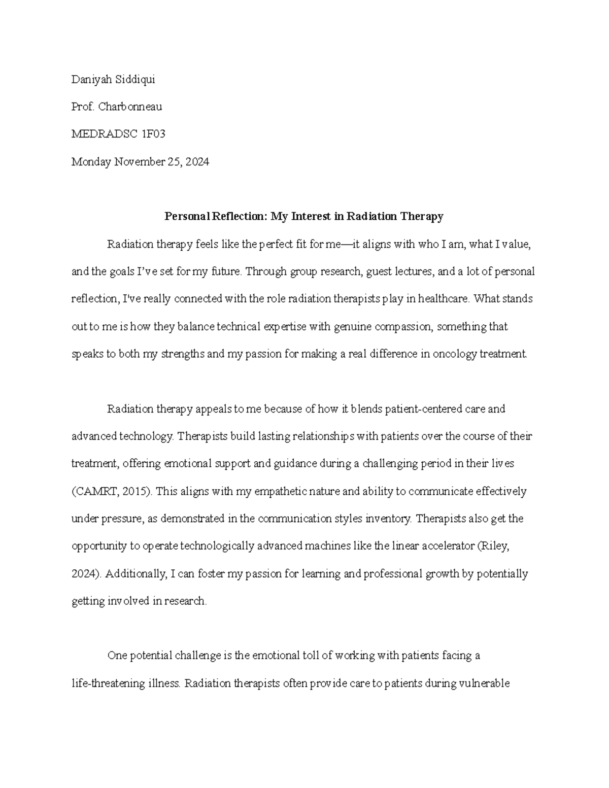 Personal Reflection - example - Daniyah Siddiqui Prof. Charbonneau ...