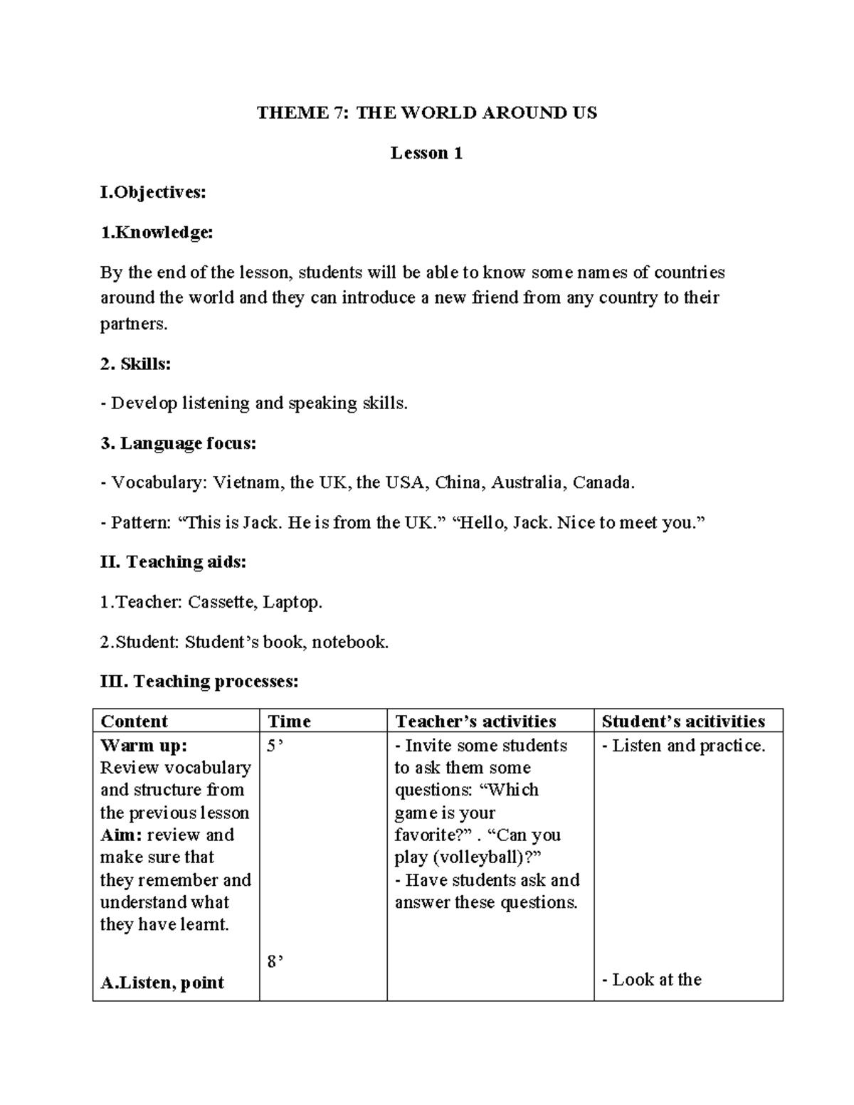 Theme 7: The World Around Us - Lesson 1 Overview and Activities - Studocu