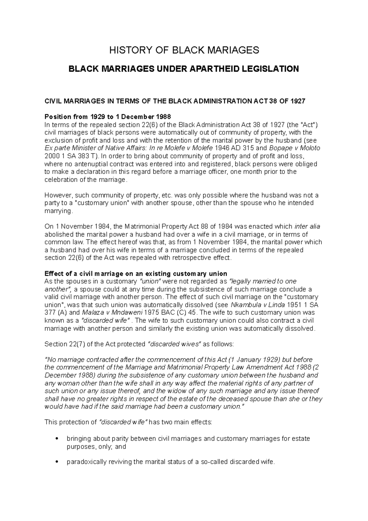 History of Black Marriages Under Apartheid Legislation - Studocu