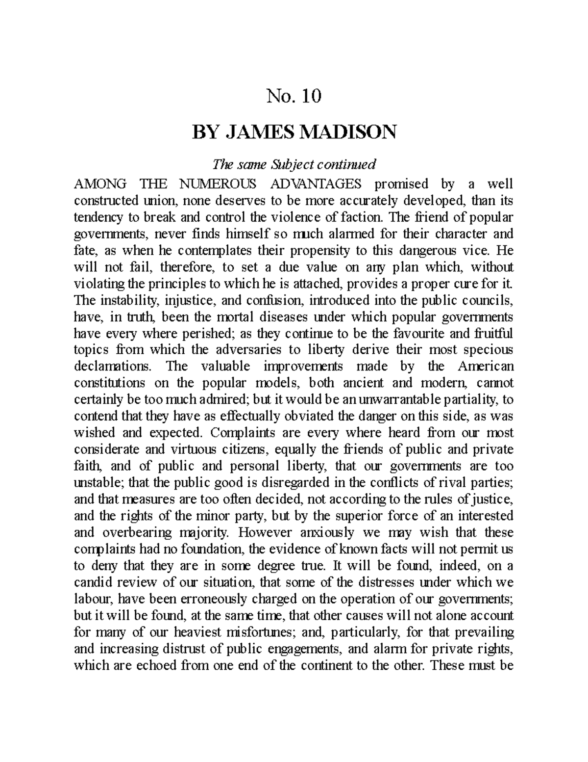 The Federalist Papers No. 10 - Analysis of Faction and Republic - Studocu