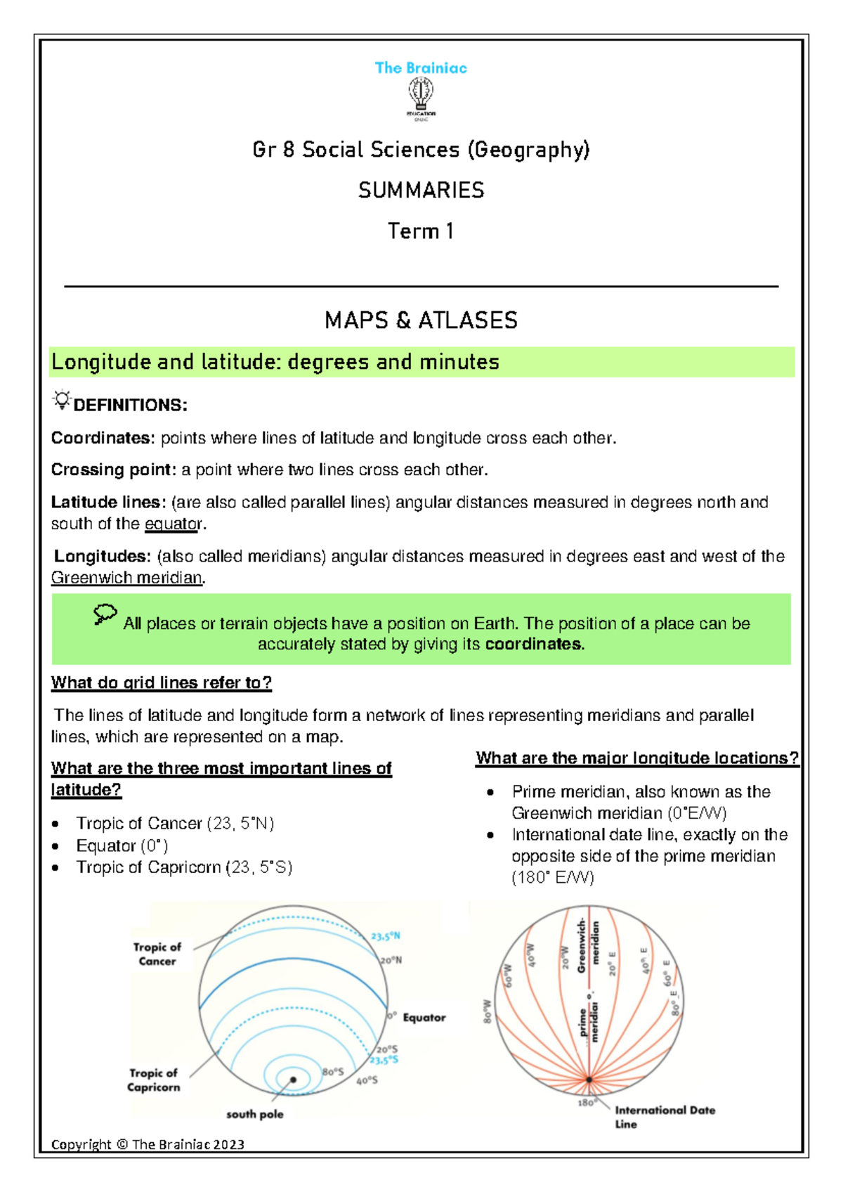 Gr 8 SS (Geography) Term 1 Summaries: Maps & Atlases - Studocu