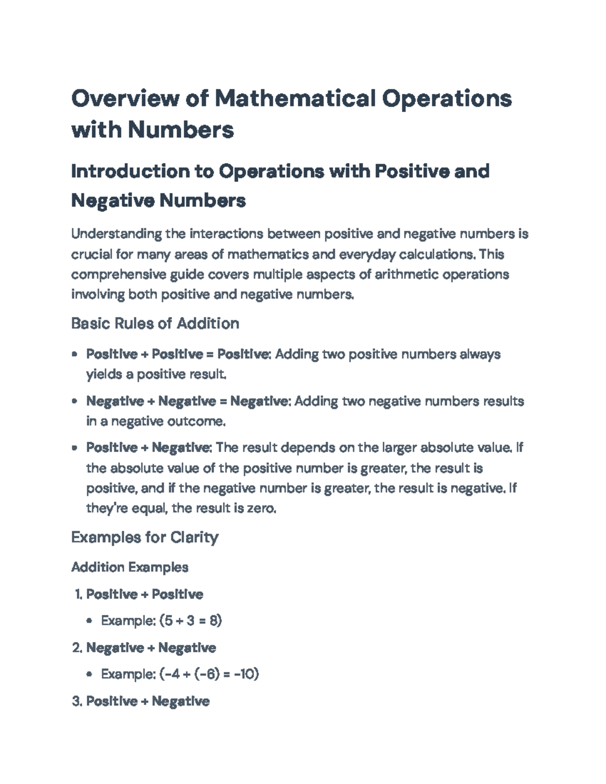 Overview of Operations with Positive & Negative Numbers - Overview of ...