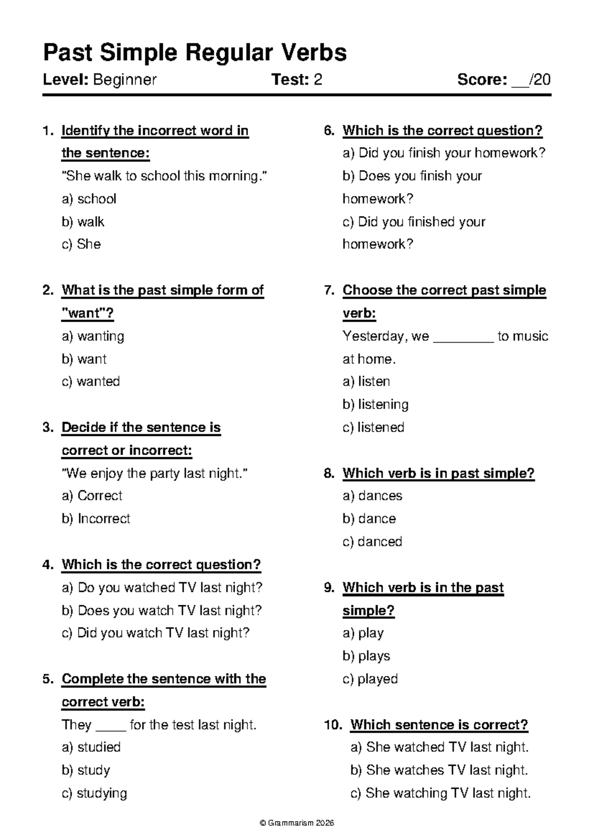 Grammarism A1 Beginner Past Simple Regular Verbs Test 2 - Studocu