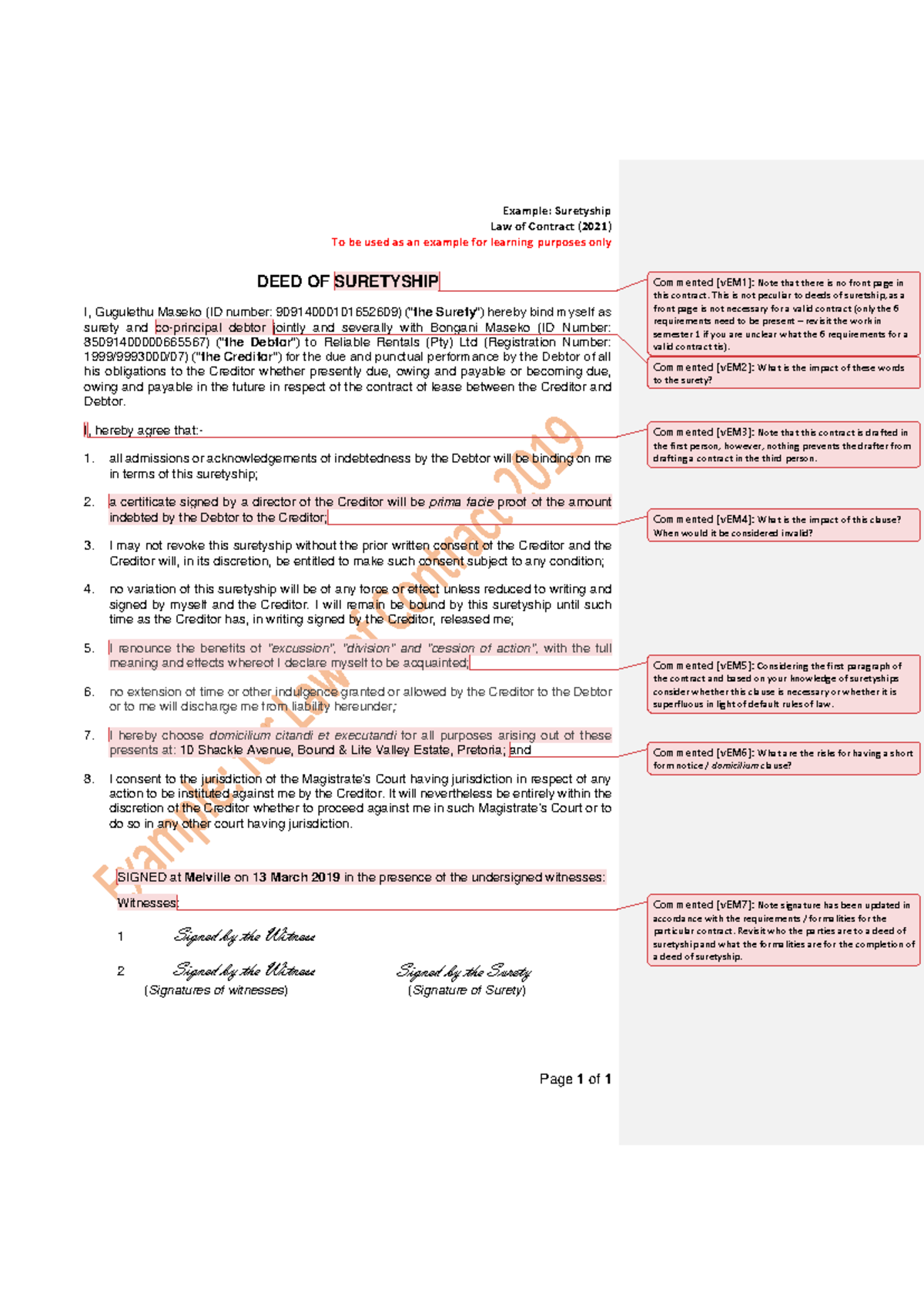 Sample Suretyship Deed for Law of Contract (2021) Study Guide - Studocu