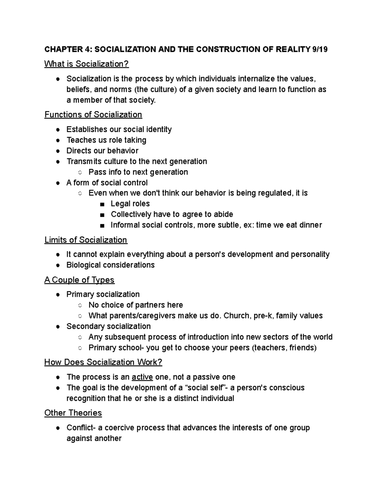 SOCI 101 Ch. 4 - Notes on Socialization from "You May Ask Yourself ...