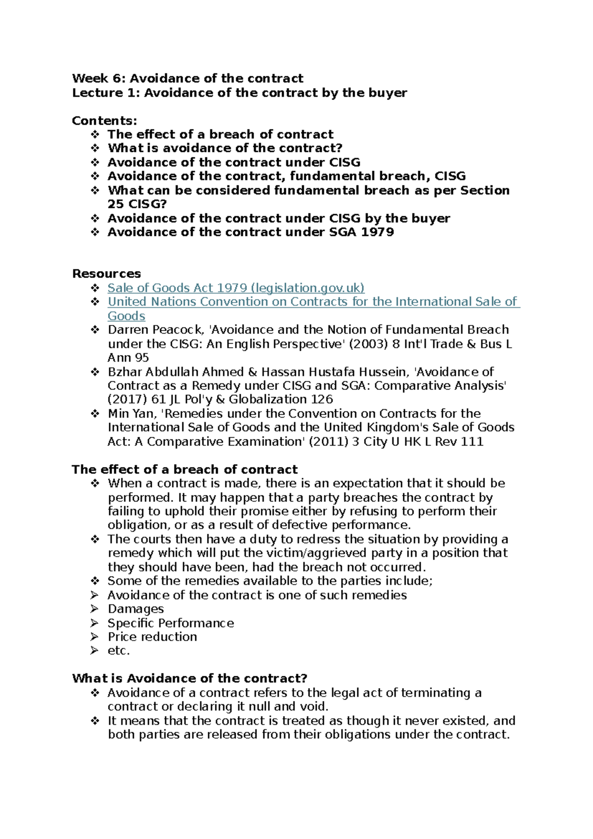 Week 6 - Lecture 1: Avoidance of Contract by Buyer under CISG & SGA ...