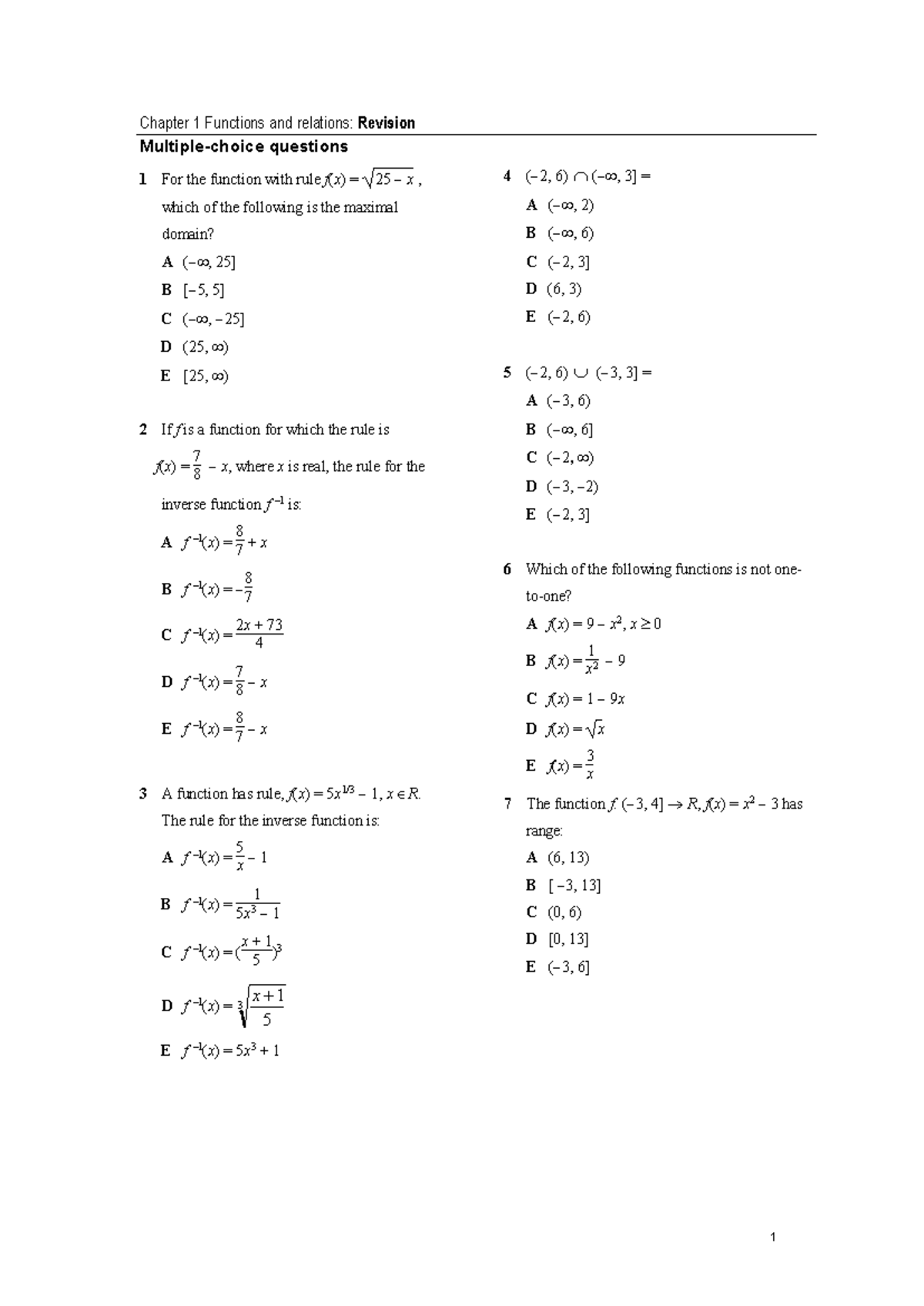 Ch 1 Functions and Relations: Revision Questions and Answers - Studocu