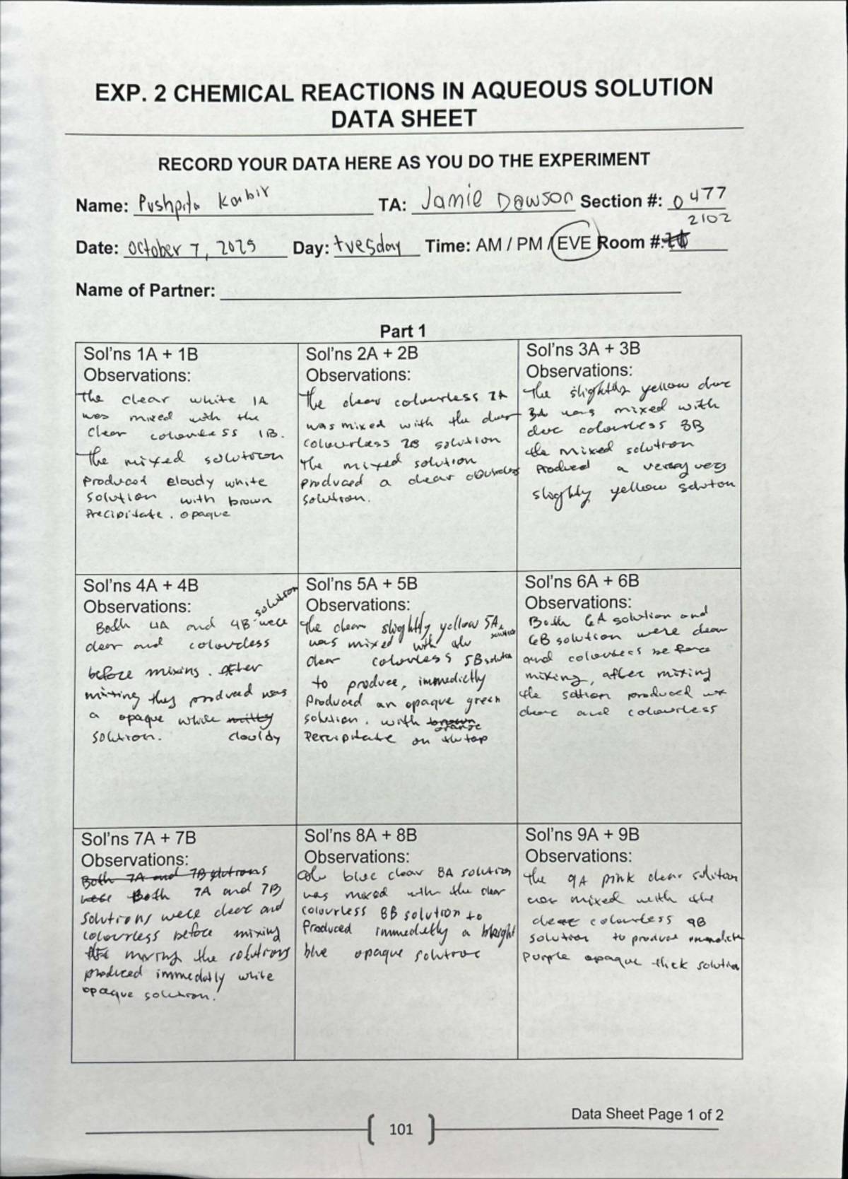 Chem 1040 Lab 2 - Chemical Reactions Data Sheet & Observations - Studocu