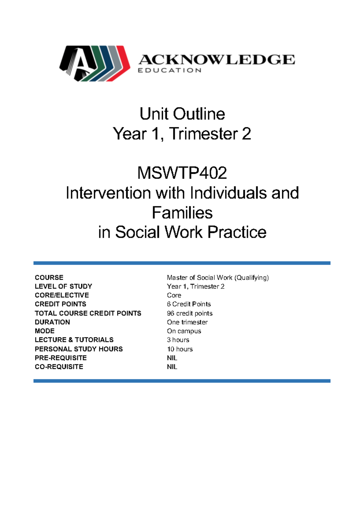 Unit Outline MSWTP402: Intervention with Individuals & Families in ...