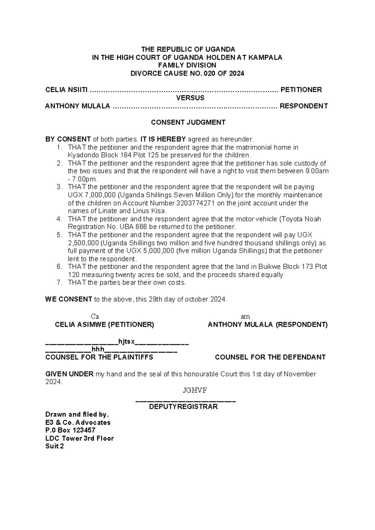 Consent Judgment Overview - Class Notes on Divorce Cause No. 020/2024 ...
