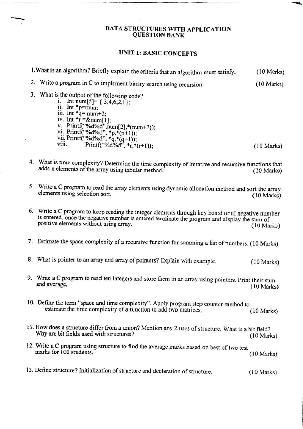 DSA 101: Question Bank for Data Structures & Algorithms - Unit 1 to 4 - Studocu