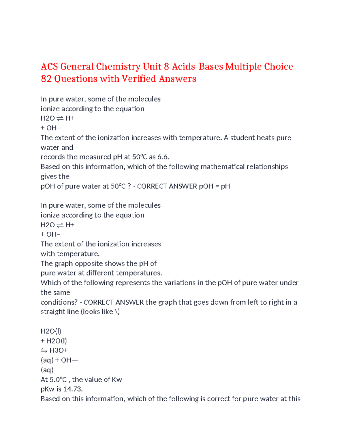 ACS General Chemistry Unit 8 Exam Study Guide: Acids & Bases MCQs - Studocu