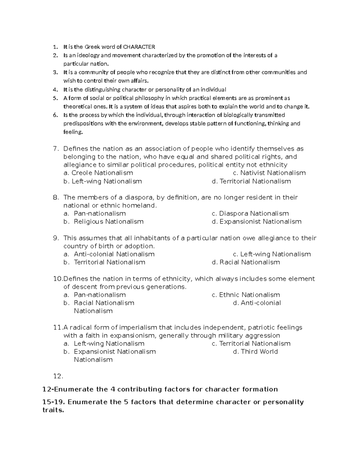 CFLM 1 Chapter Quiz 1: Understanding Nationalism and Character - Studocu