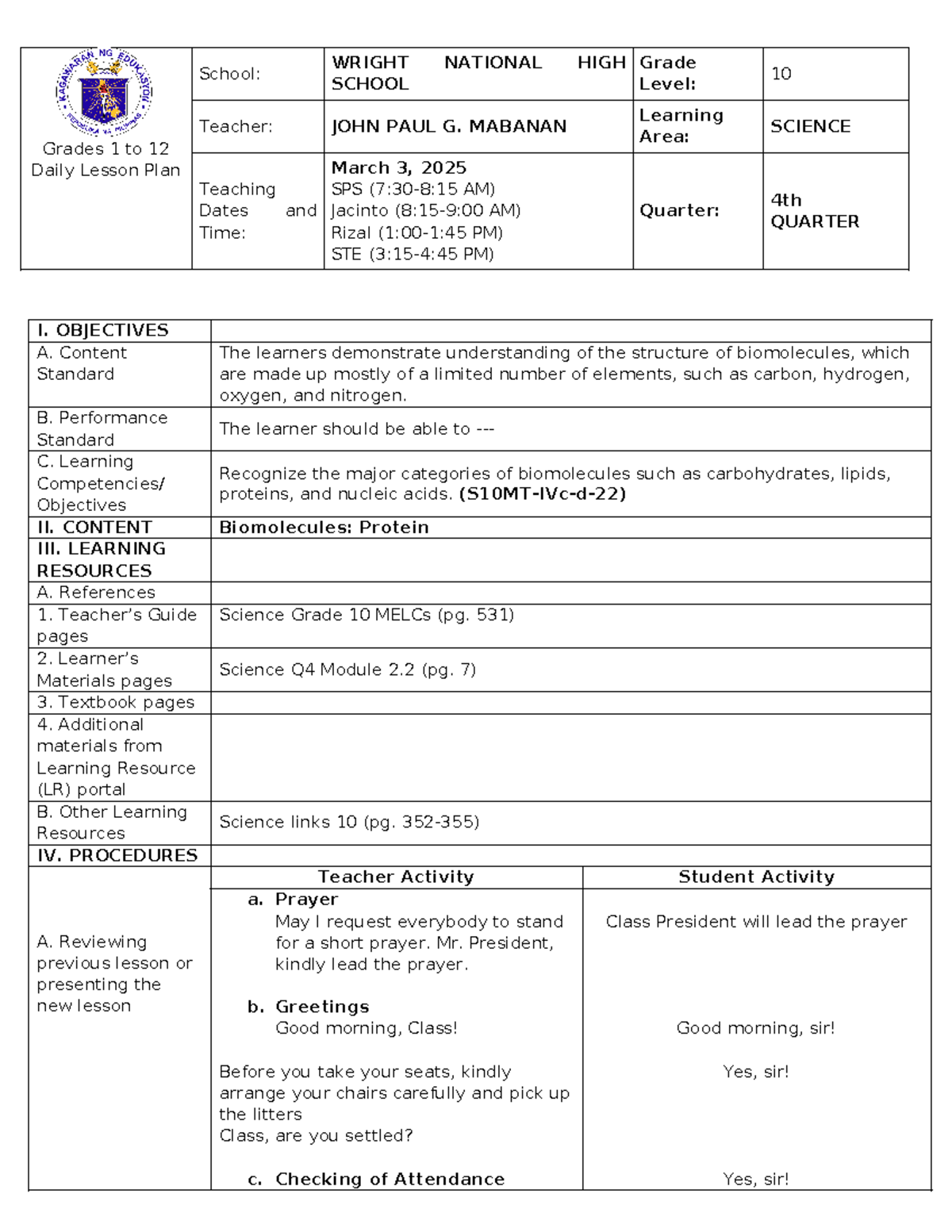 Daily Lesson Plan Protein - I. OBJECTIVES A. Content Standard The ...