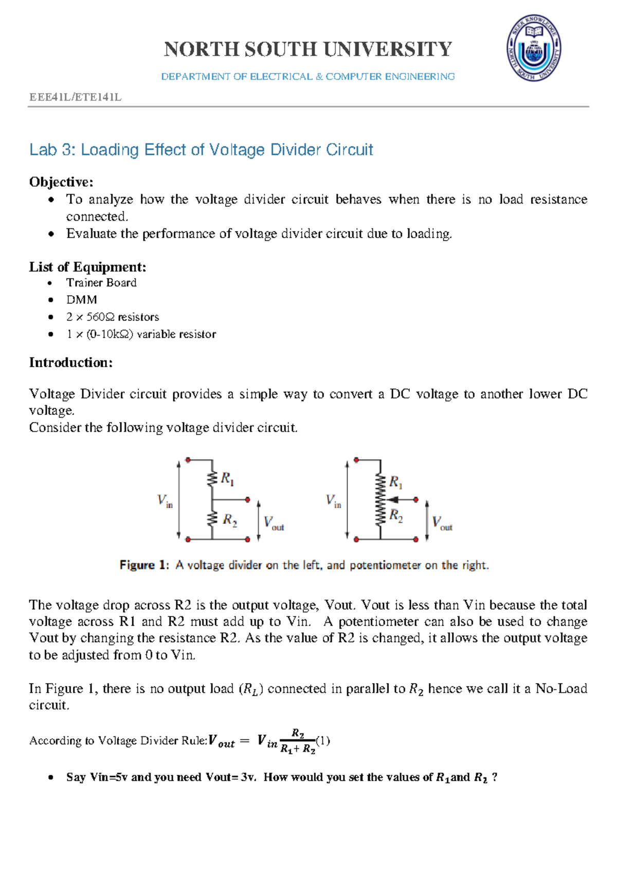 Loading Effect Analysis in Voltage Divider Circuit - EEE41L/ETE141L Lab ...