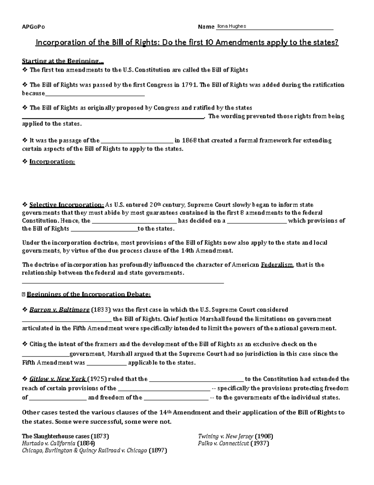 Bill of Rights Incorporation Focused Notes handout - APGoPo Name