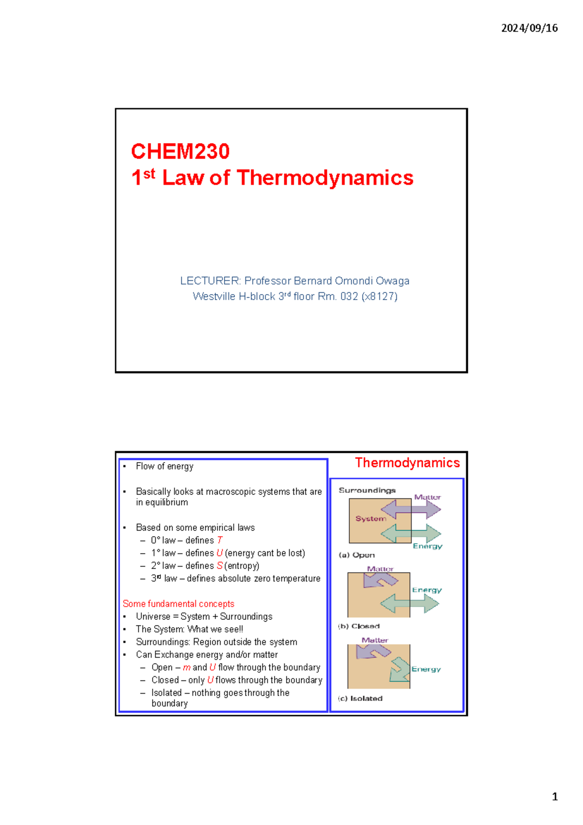 CHEM230 1st Law of Thermodynamics LECTURE NOTES by Prof. Owaga - Studocu