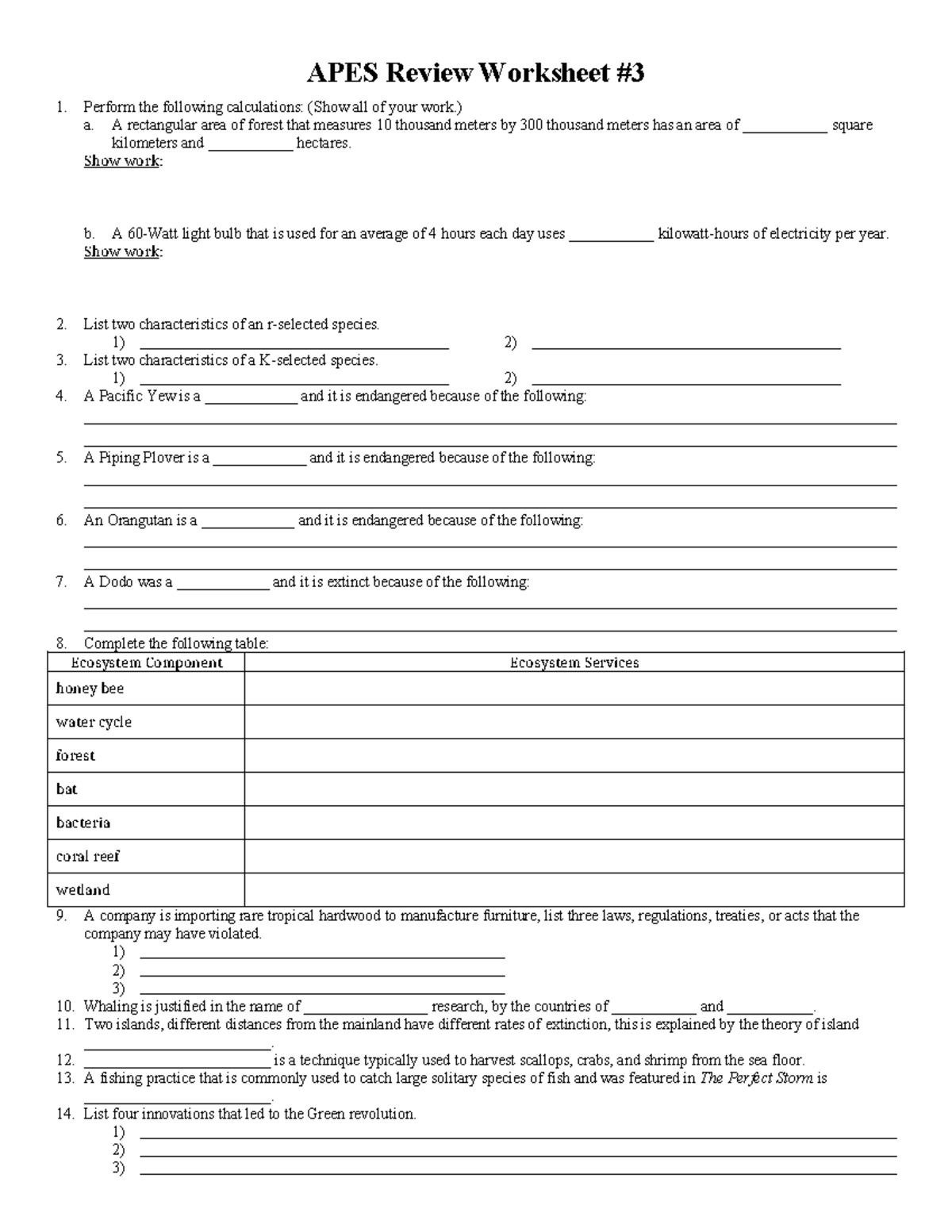 APES review worksheet #3 - APES Review Worksheet 1. Perform the ...