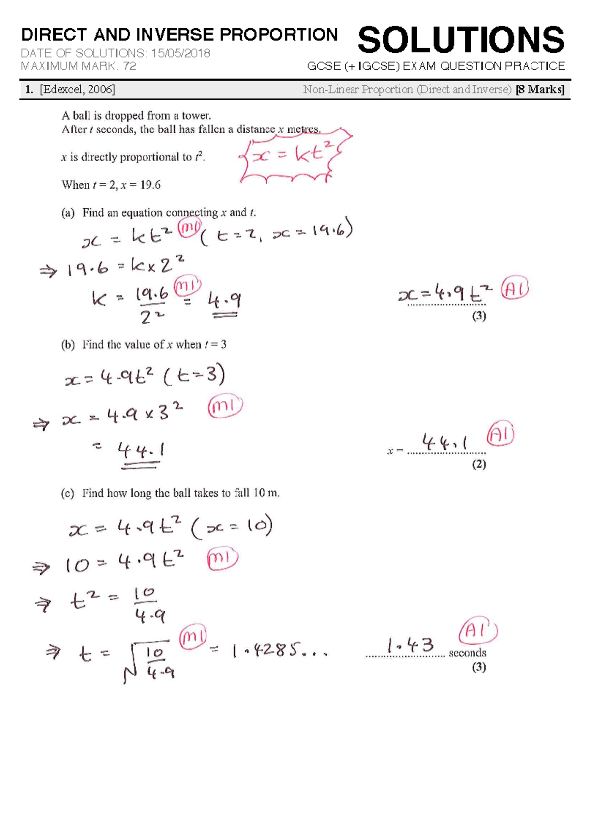 GCSE IGCSE Direct & Inverse Proportion Solutions Practice - Studocu