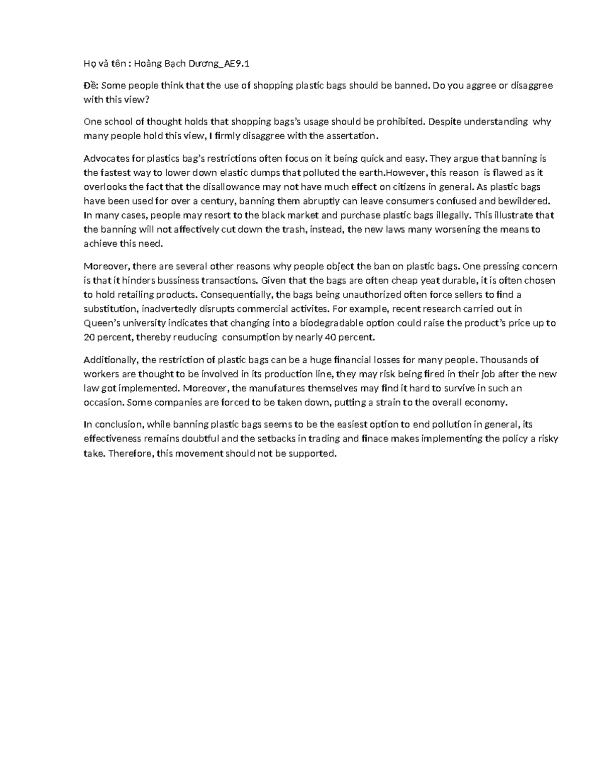 Ban on Plastic Shopping Bags: A Critical Analysis - AE9.1 Essay - Studocu