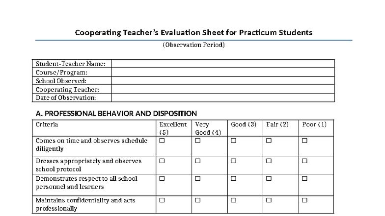 CT-Eval-form-FS1: Practicum Student Observation Evaluation Sheet - Studocu