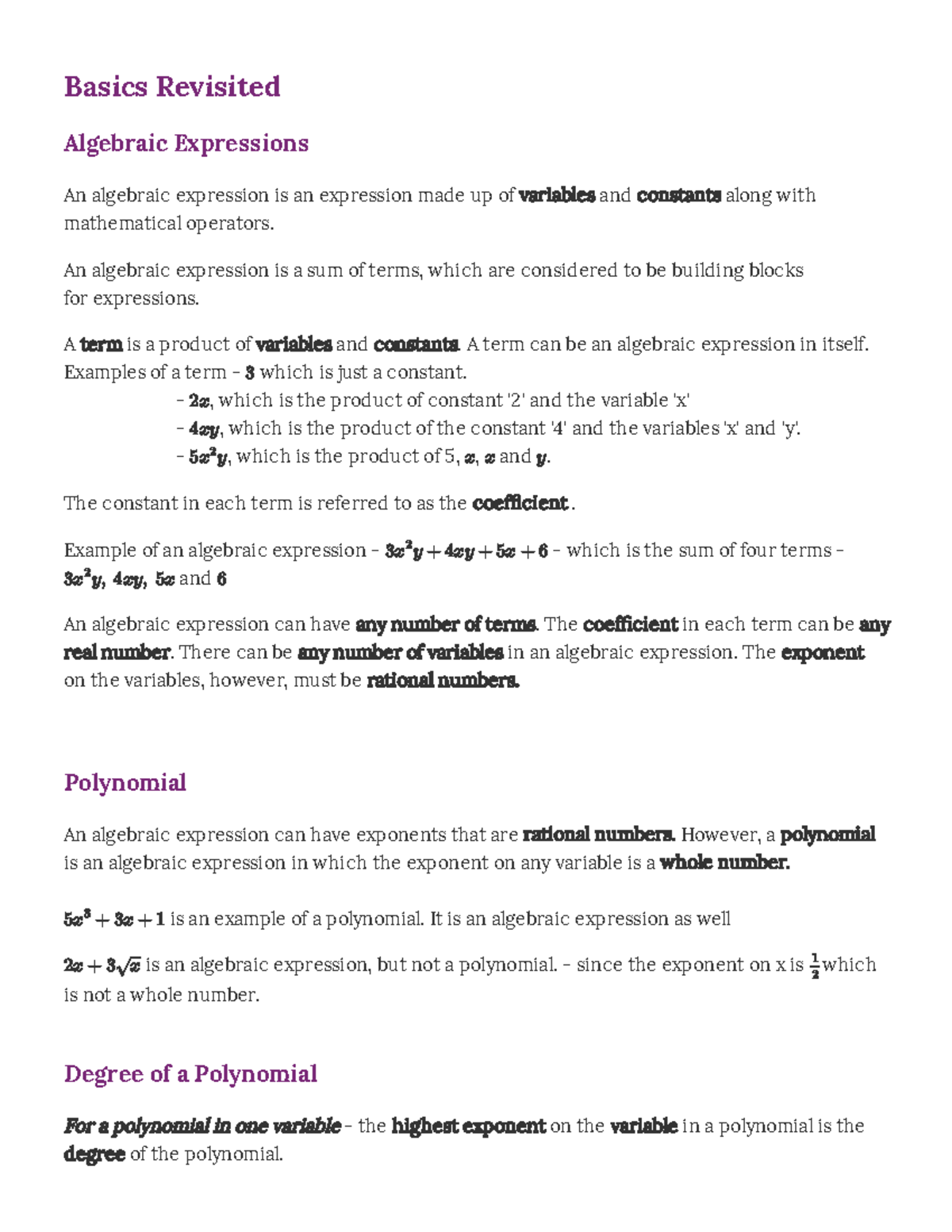 Polynomials - Basics and Types Explained (MATH 101) - Studocu