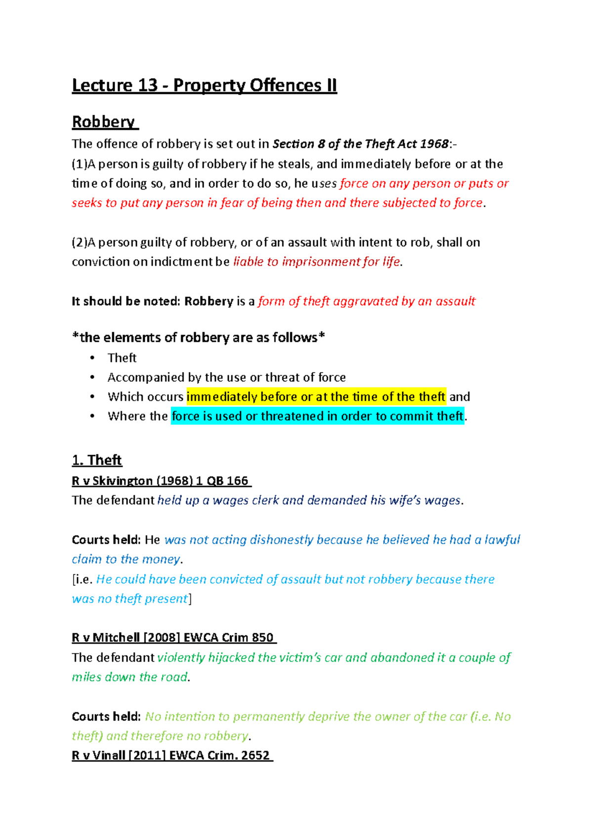 Lecture 13 - Property Offences II - (2)A person guilty of robbery, or ...