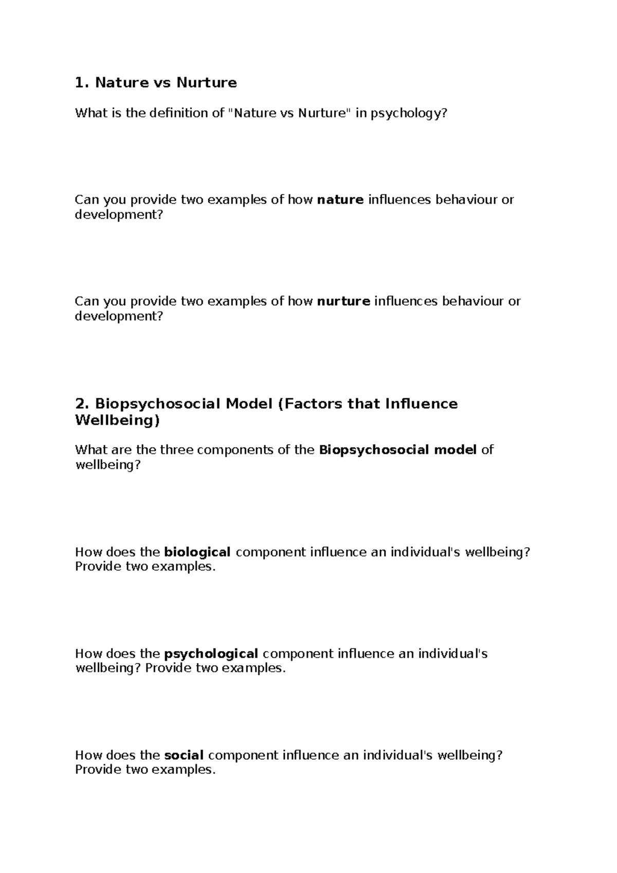 Study Guide for SAC 2: Nature vs Nurture & Psychological Development ...