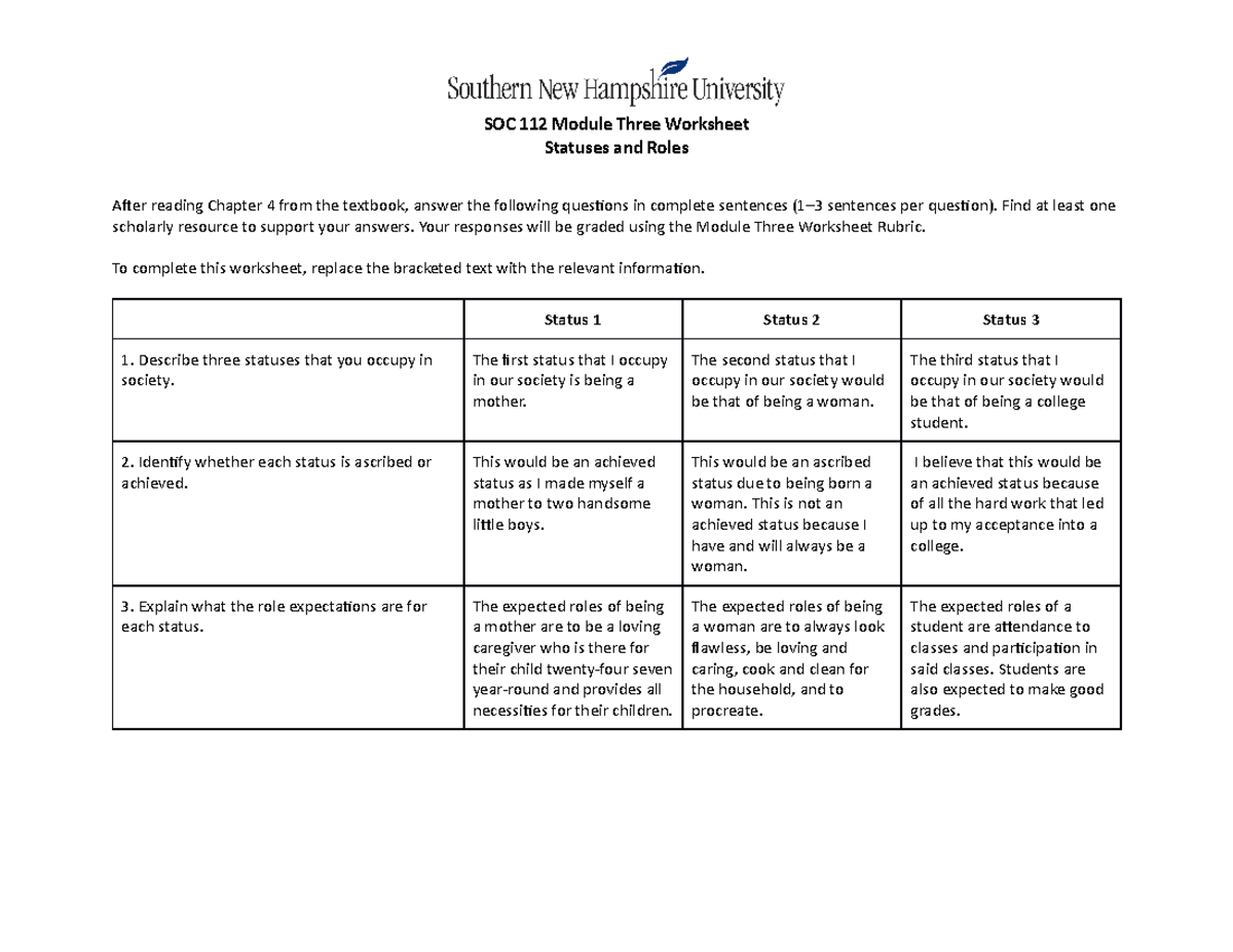 SOC 112 Module Three Worksheet: Exploring Statuses and Role Conflicts ...