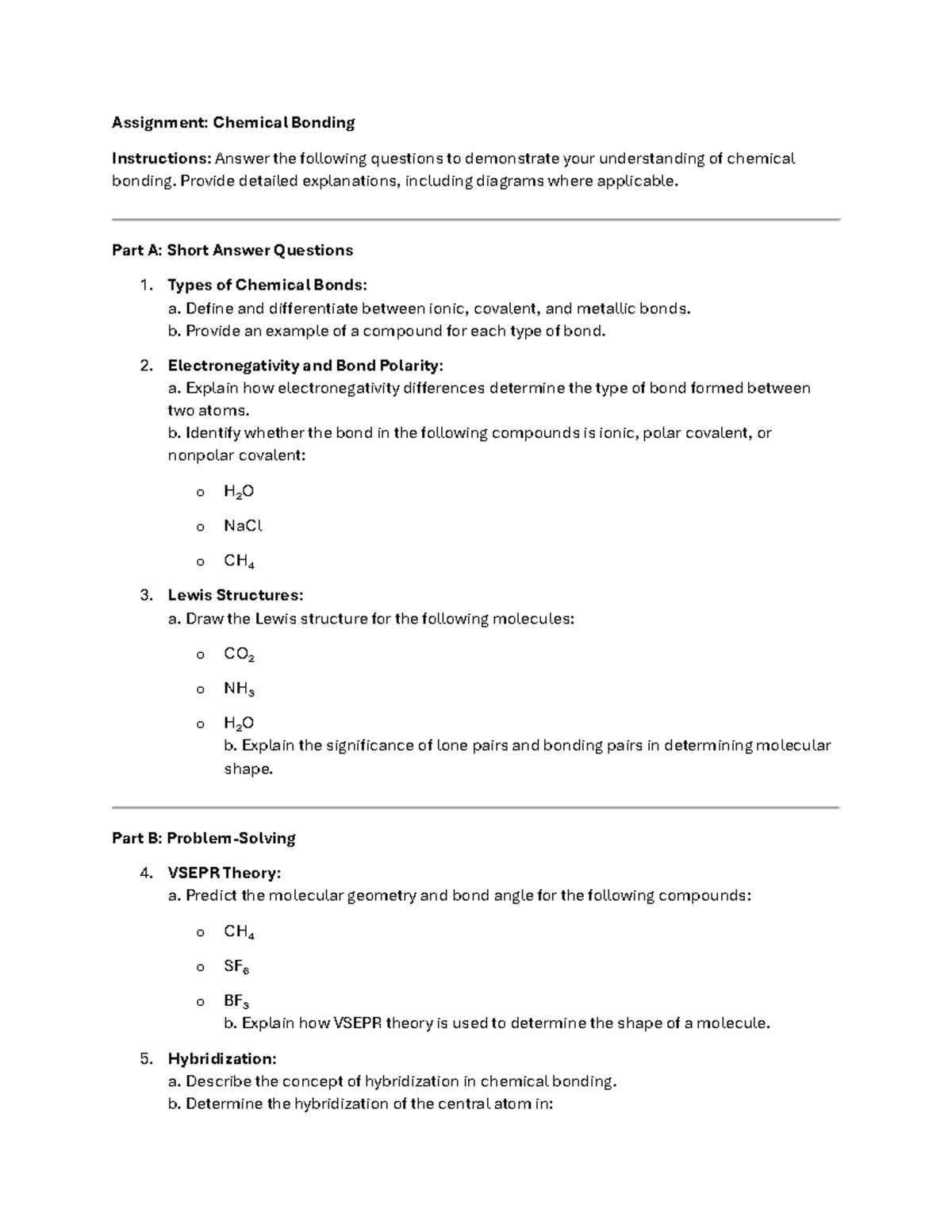 Chemical bonding Assignment - Assignment: Chemical Bonding Instructions ...