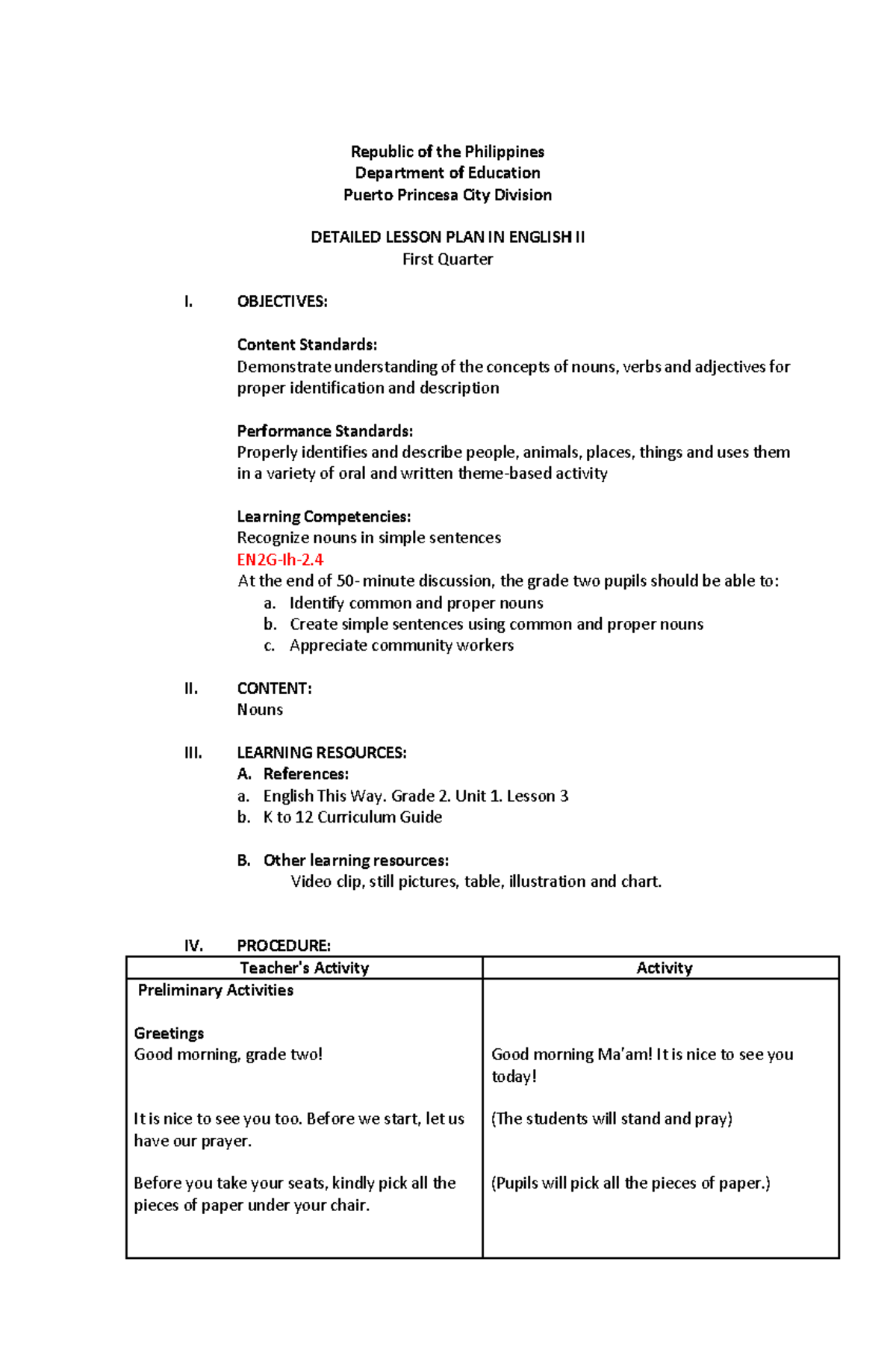 Detailed Lesson Plan in English II (Grade 2) - Common & Proper Nouns ...