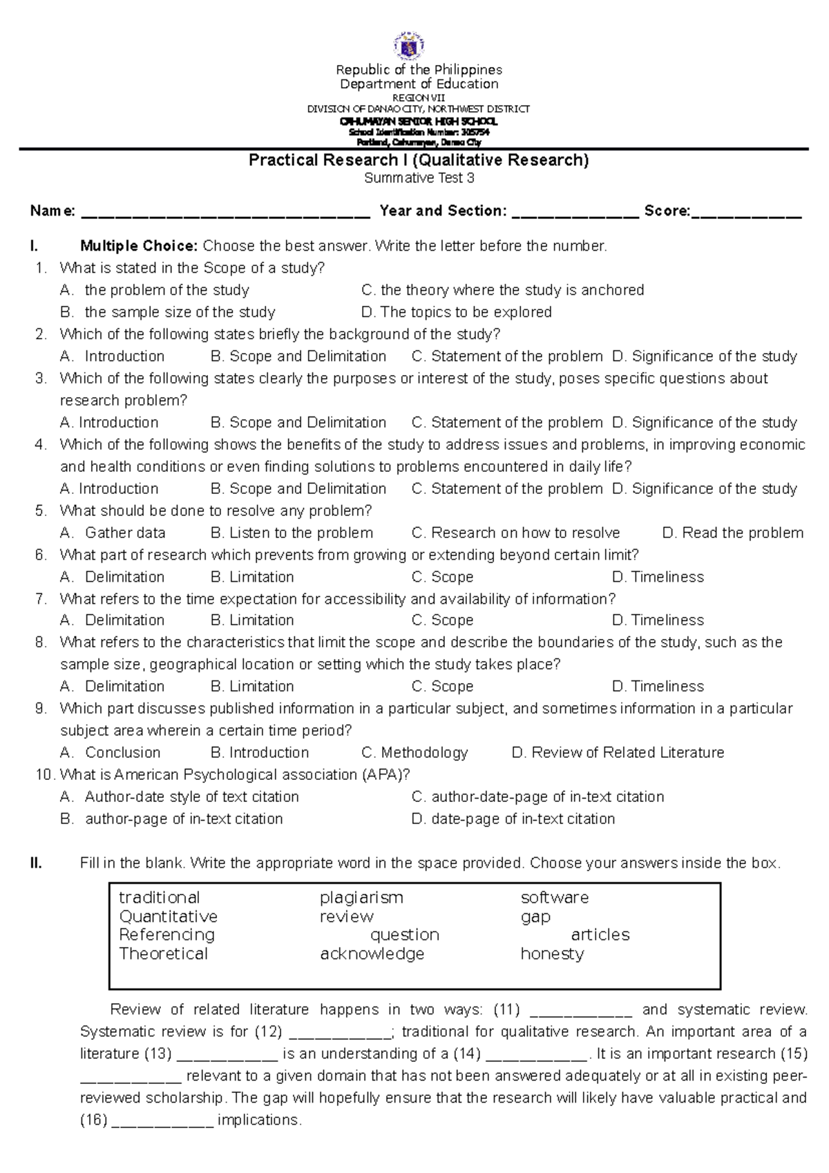 Practical Research 1 Summative 3 - Republic of the Philippines ...