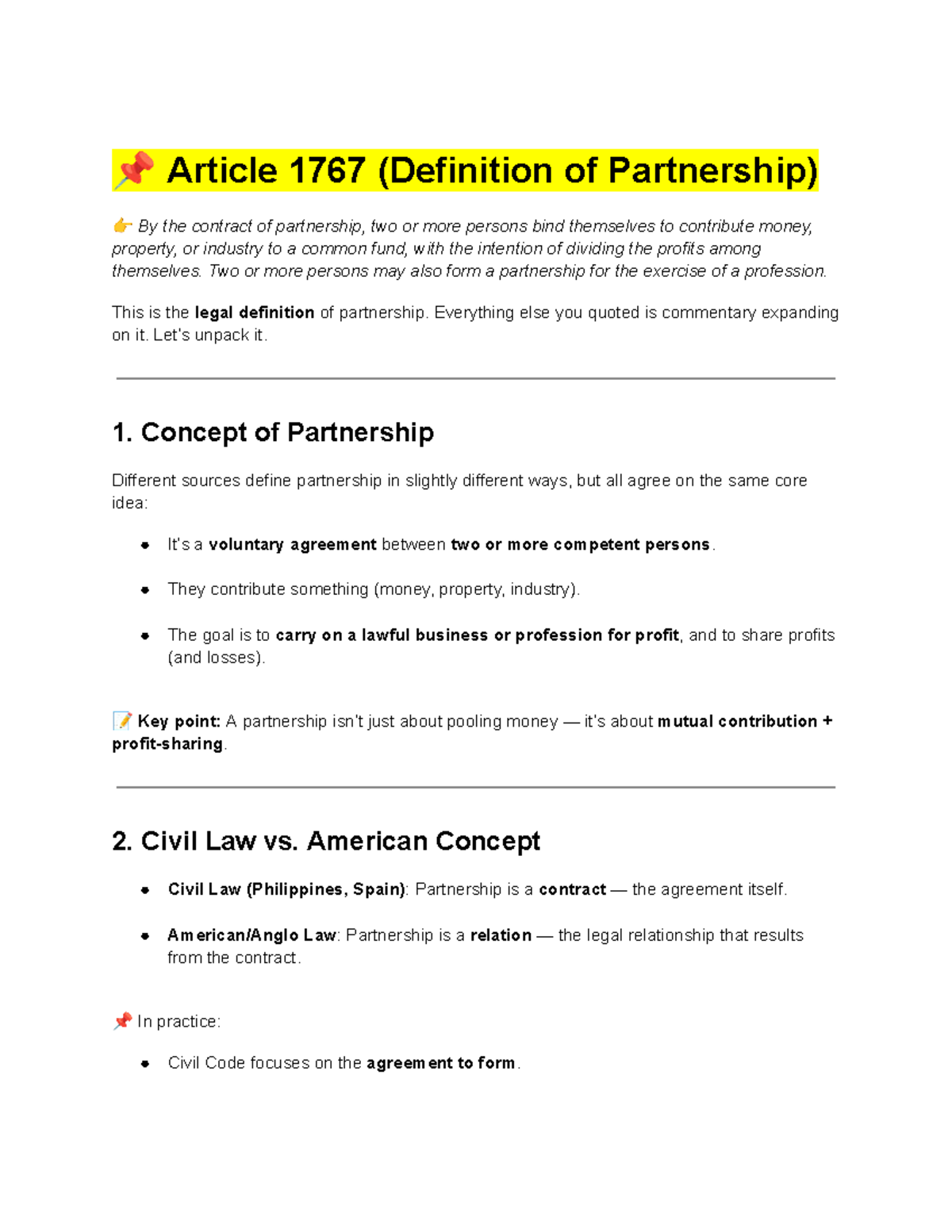 Law on Partnership Summary (Articles 1767-1783) - Studocu