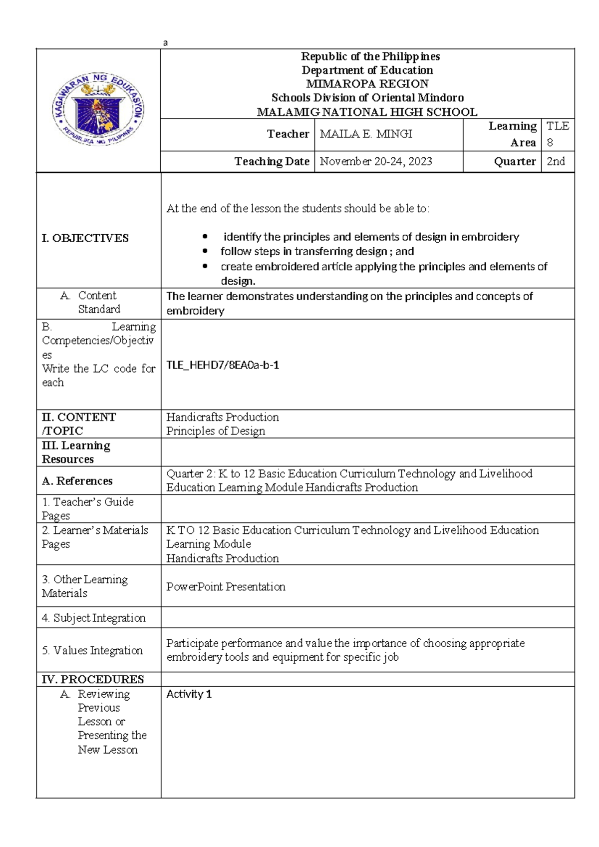 TLE (LP 3rd WEEK) 2nd quarter - a Republic of the Philippines ...