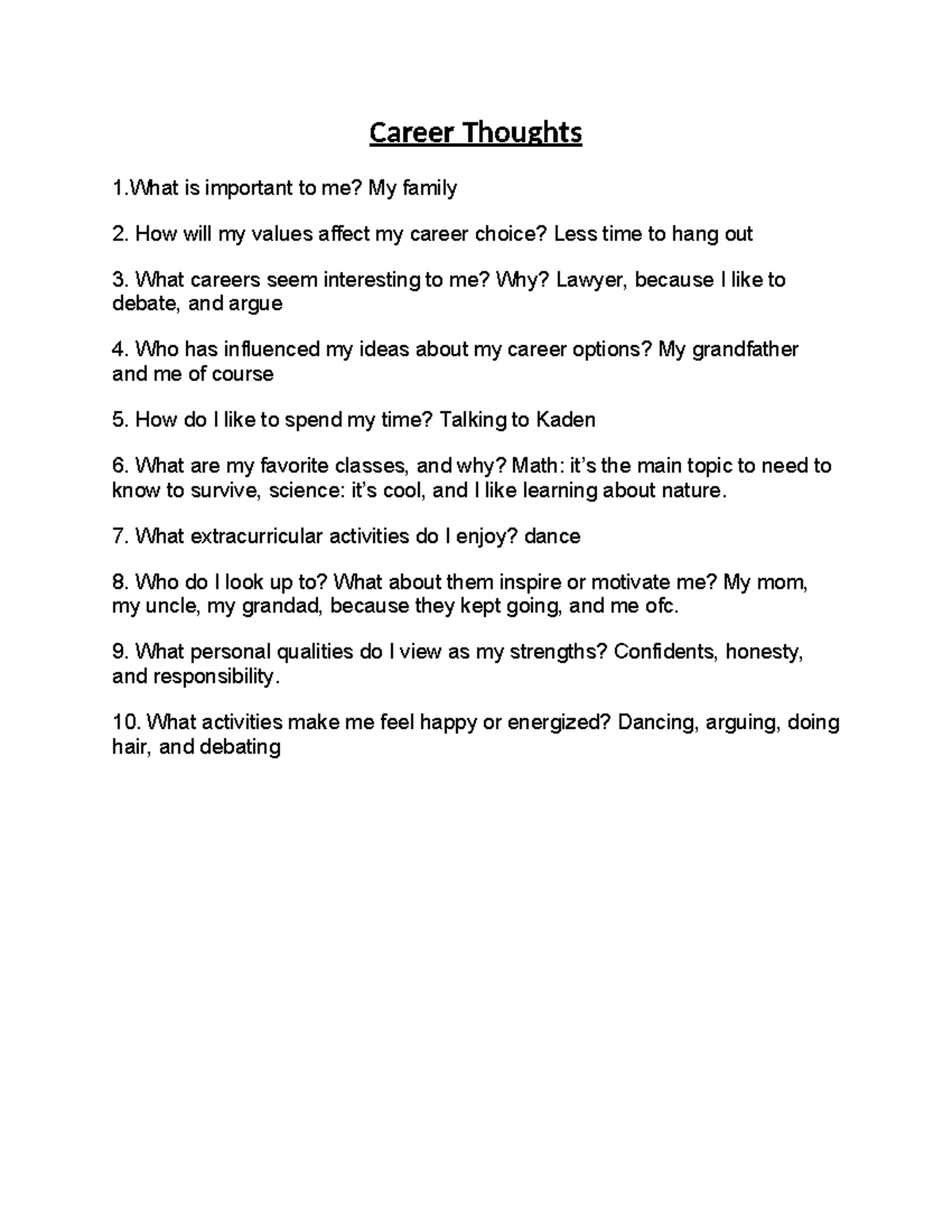 Career Thoughts: Reflecting on Values and Aspirations - Studocu